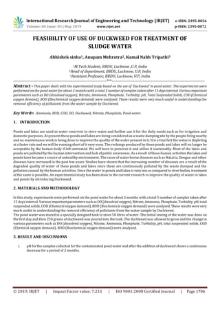 IRJET- Feasibility of Use of Duckweed for Treatment of Sludge Water | PDF