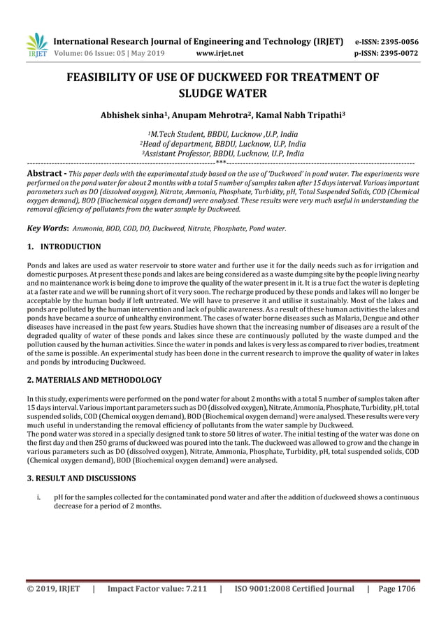 IRJET- Feasibility of Use of Duckweed for Treatment of Sludge Water | PDF