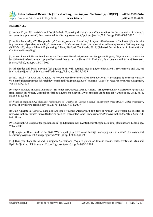 IRJET- Feasibility of Use of Duckweed for Treatment of Sludge Water | PDF