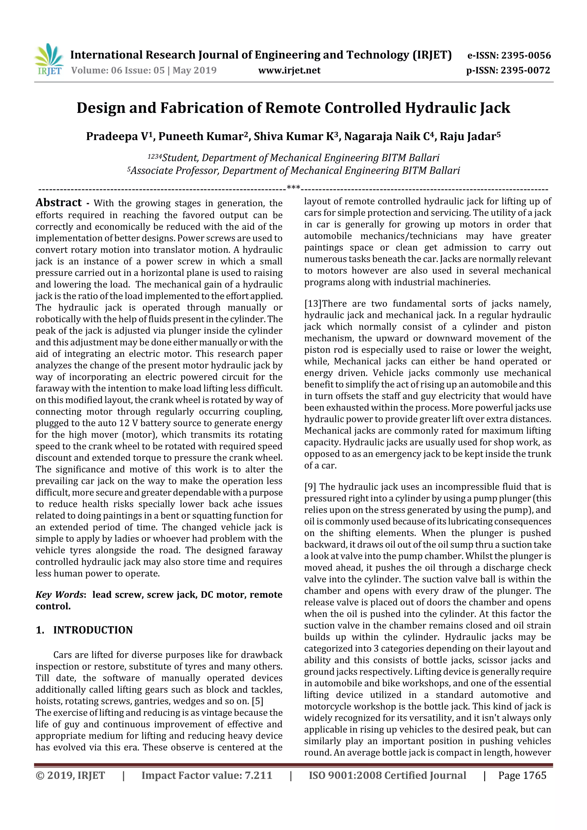 IRJET- Design and Fabrication of Remote Controlled Hydraulic Jack | PDF