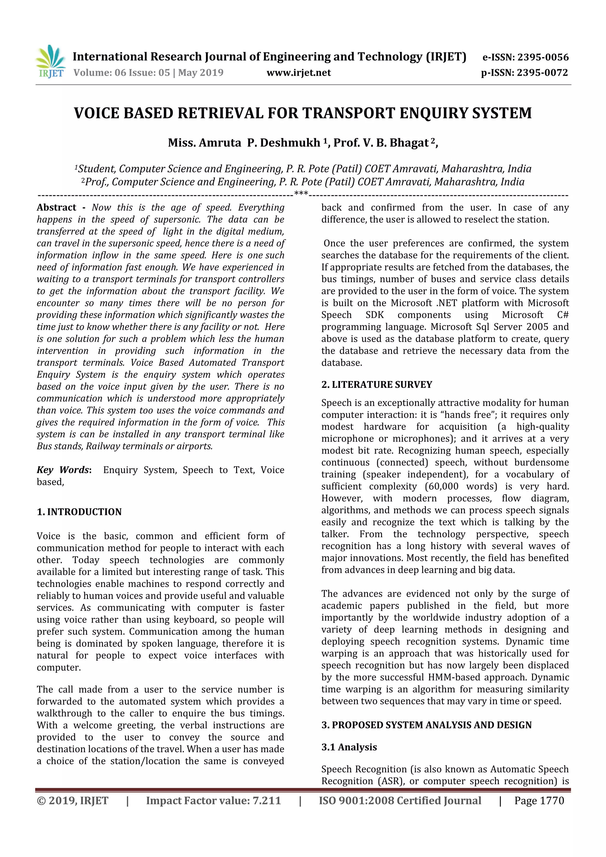 IRJET- Voice based Retrieval for Transport Enquiry System | PDF