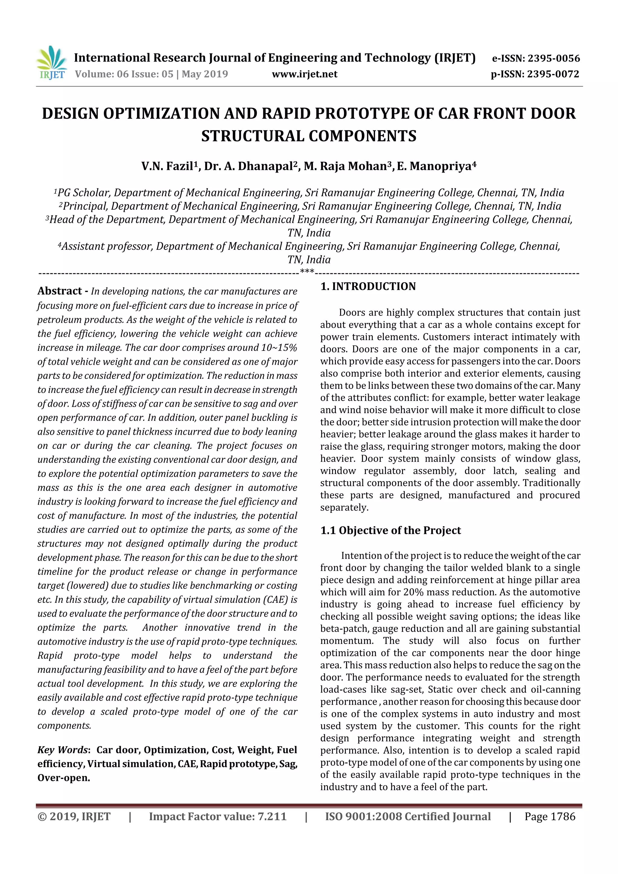 IRJET- Design Optimization and Rapid Prototype of Car Front Door Structural Components | PDF