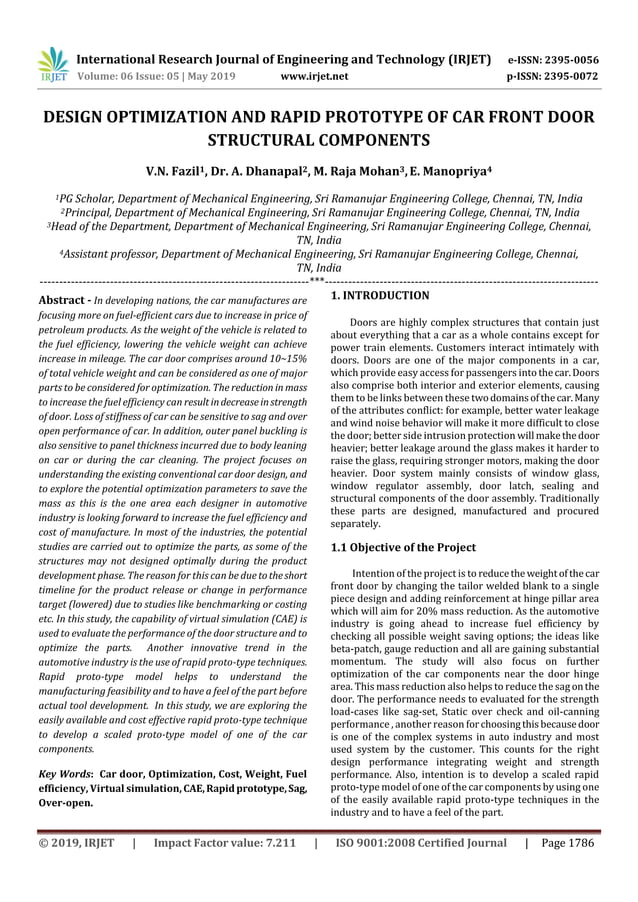 IRJET- Design Optimization and Rapid Prototype of Car Front Door Structural Components | PDF