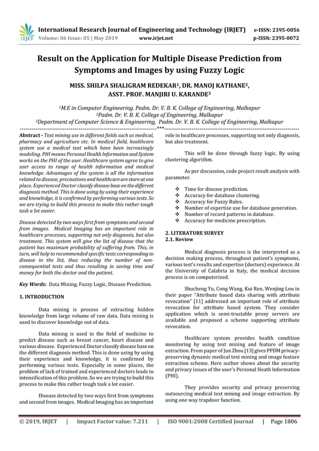 IRJET- Result on the Application for Multiple Disease Prediction from Symptoms and Images by ...