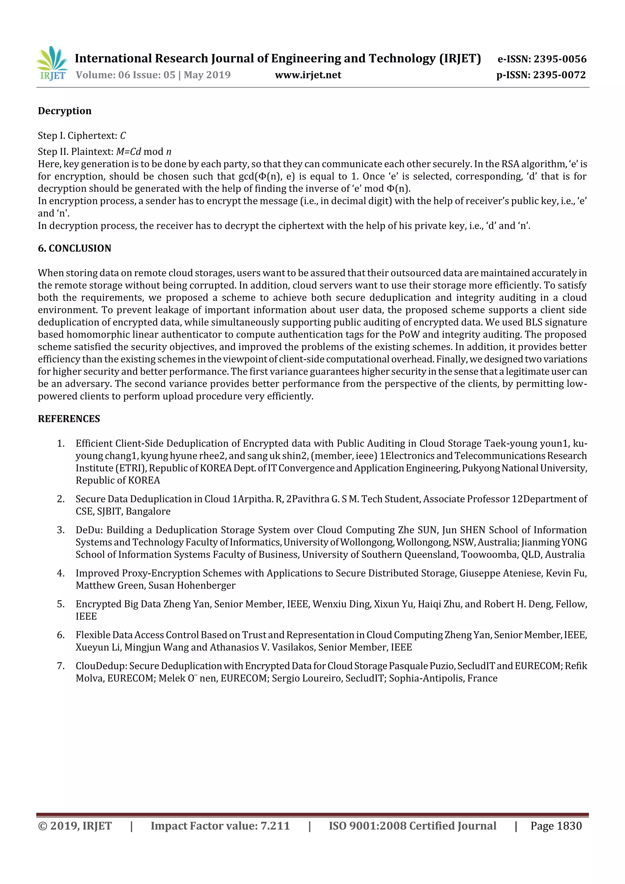 IRJET- Deduplication of Encrypted Bigdata on Cloud | PDF