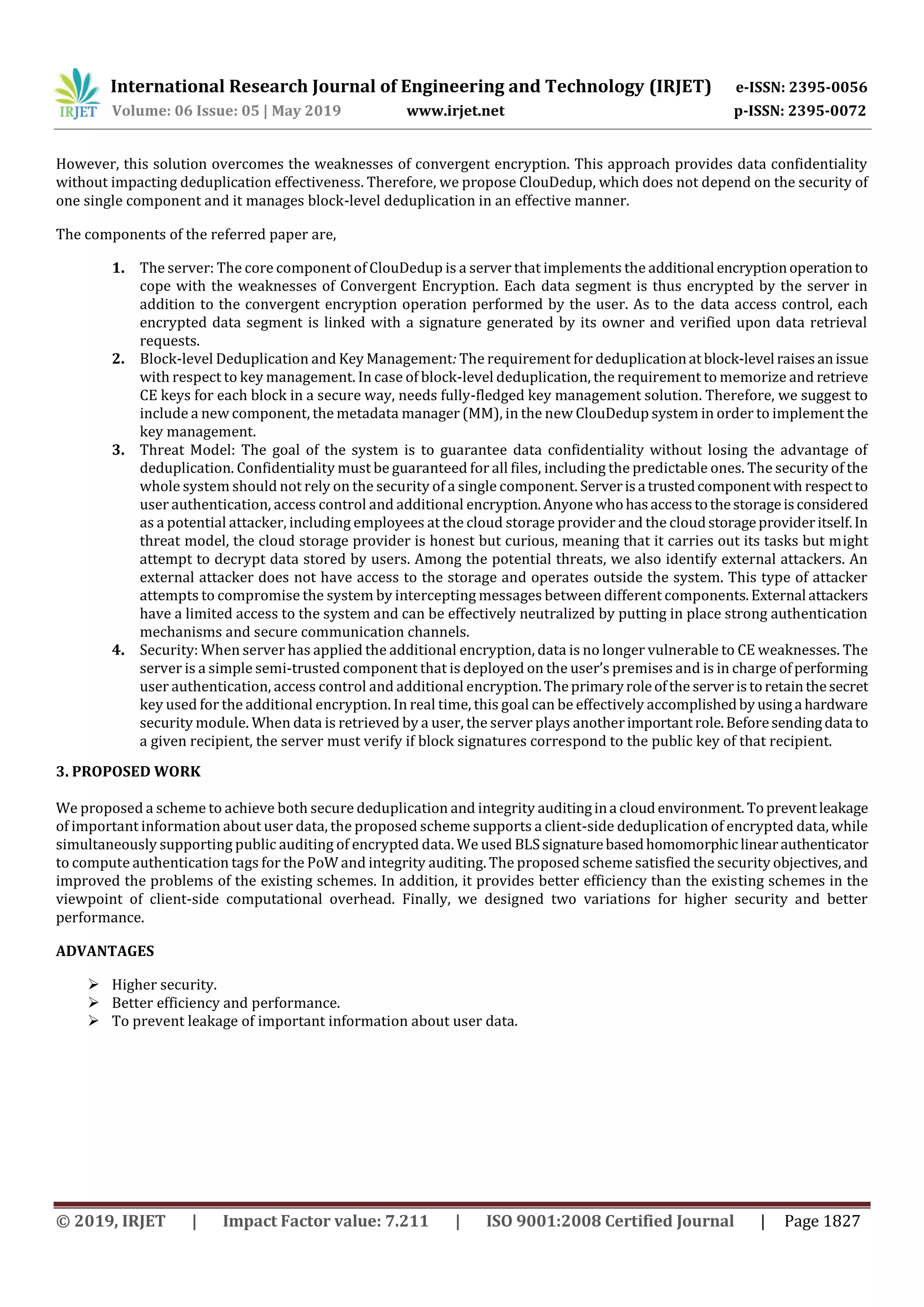 IRJET- Deduplication of Encrypted Bigdata on Cloud | PDF