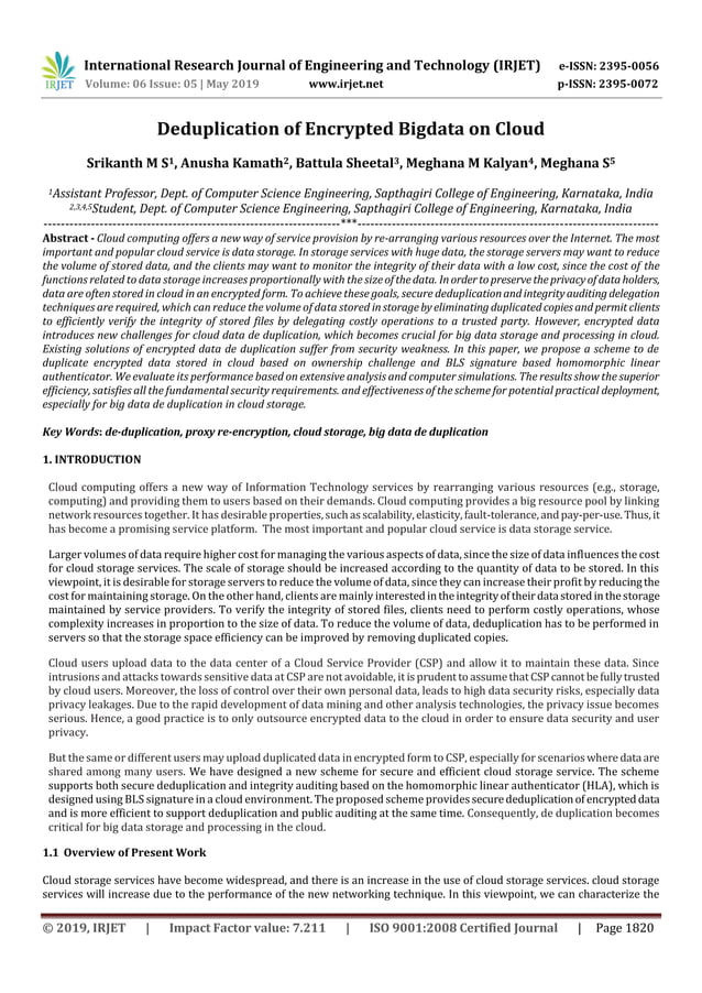 IRJET- Deduplication of Encrypted Bigdata on Cloud | PDF | Cloud Computing | Internet