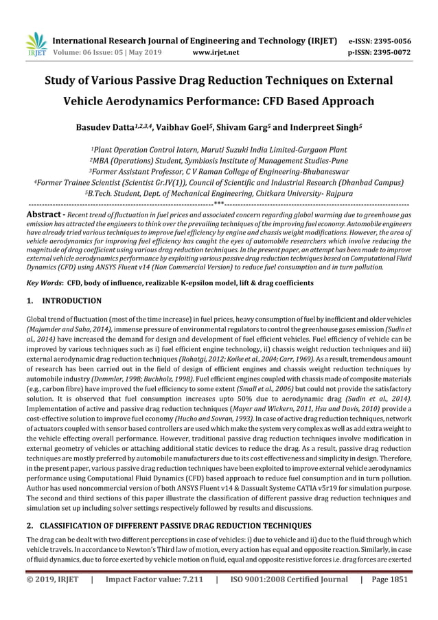 IRJET- Study of Various Passive Drag Reduction Techniques on External Vehicle Aerodynamics ...