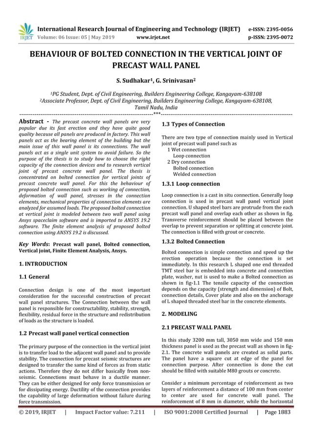 IRJET- Behaviour of Bolted Connection in the Vertical Joint of Precast Wall Panel | PDF