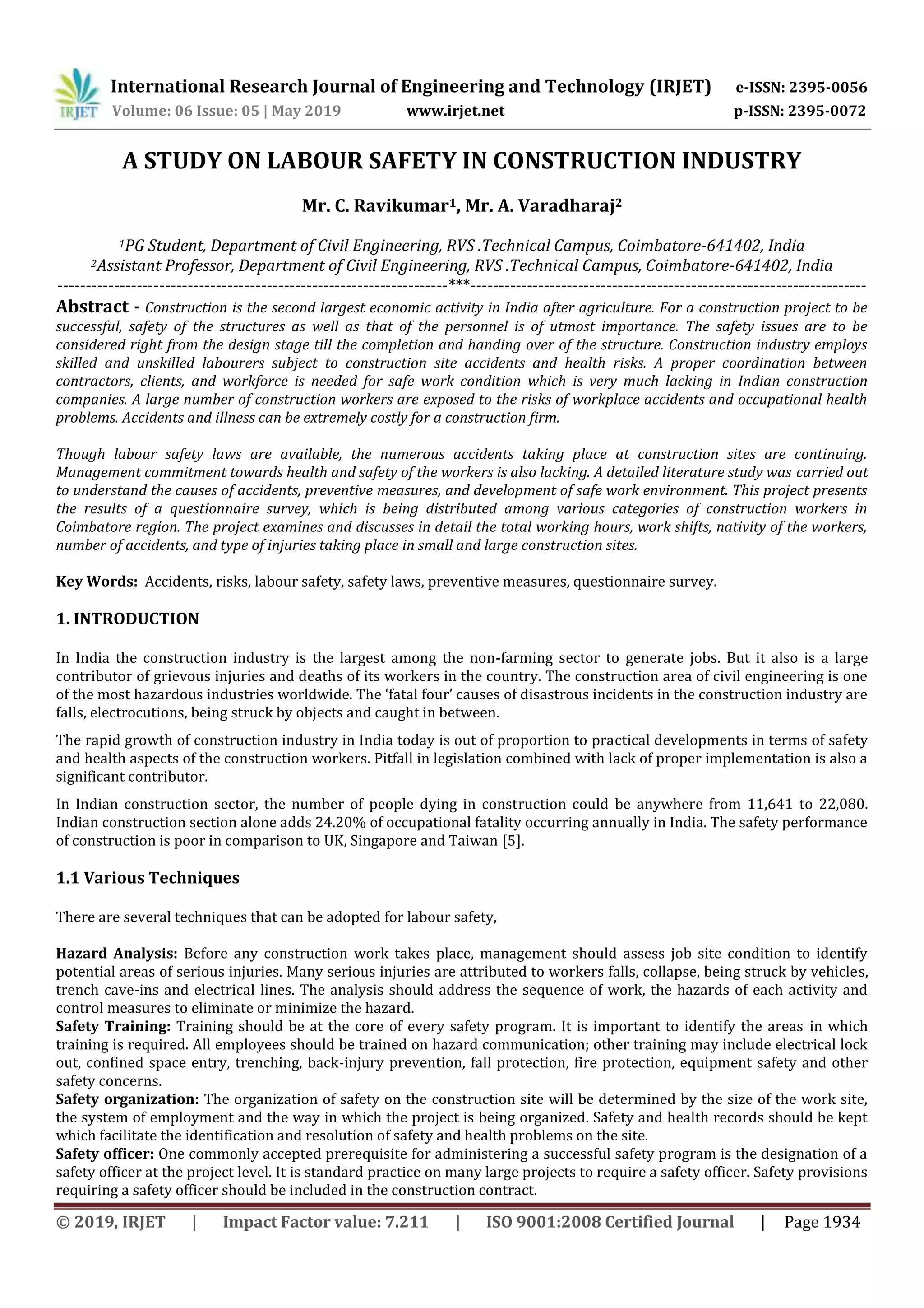 IRJET- A Study on Labour Safety in Construction Industry | PDF