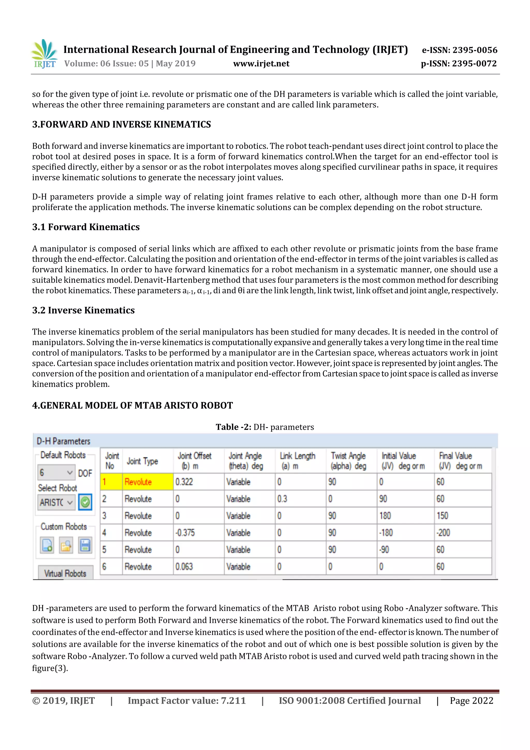 IRJET- Simulation and Kinematic Analysis of MTAB ARISTO Robot | PDF