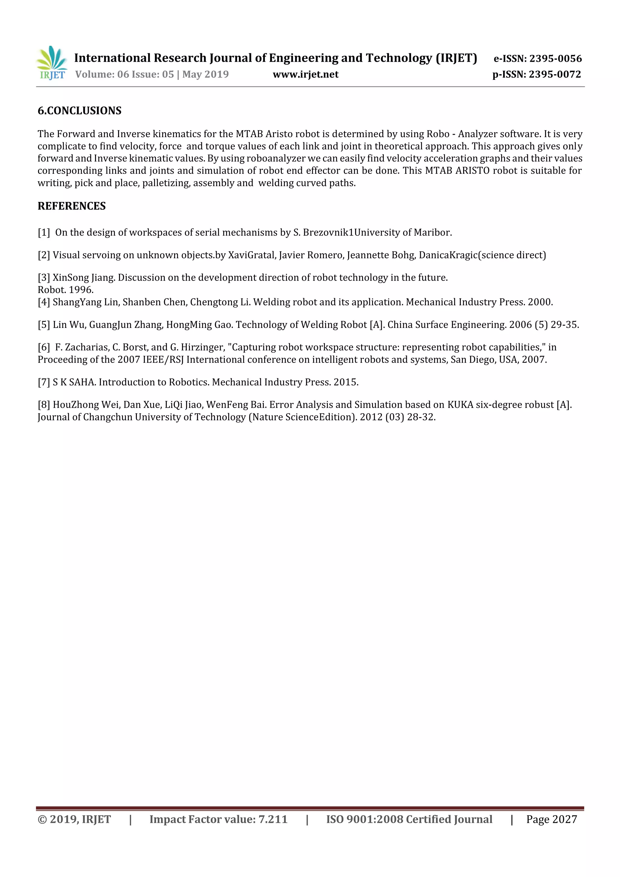 IRJET- Simulation and Kinematic Analysis of MTAB ARISTO Robot | PDF