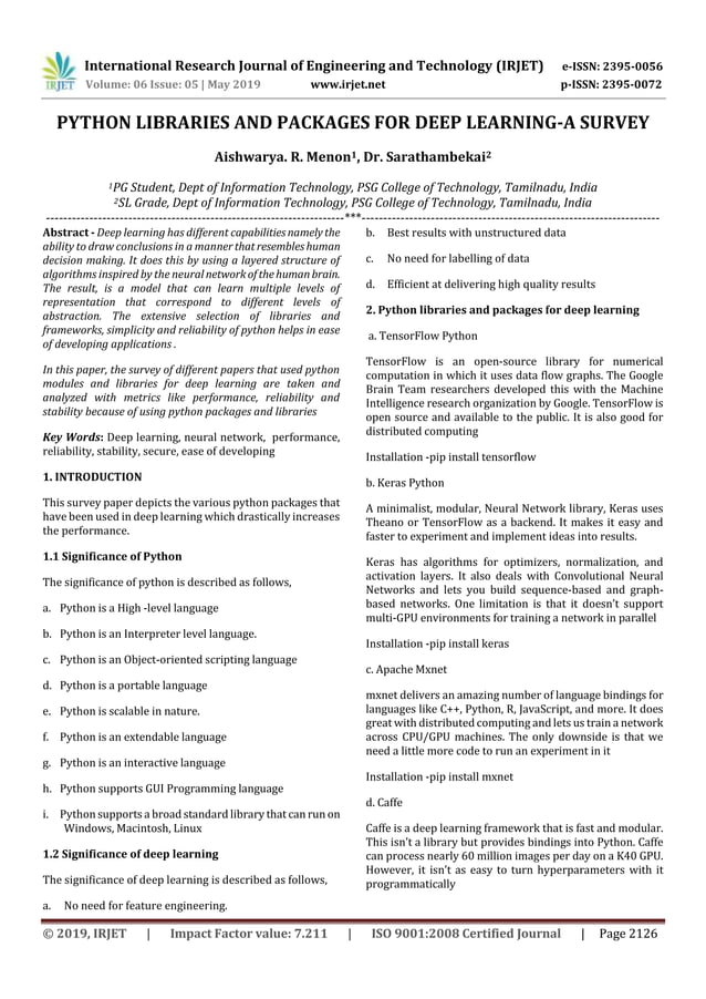 IRJET- Python Libraries and Packages for Deep Learning-A Survey | PDF