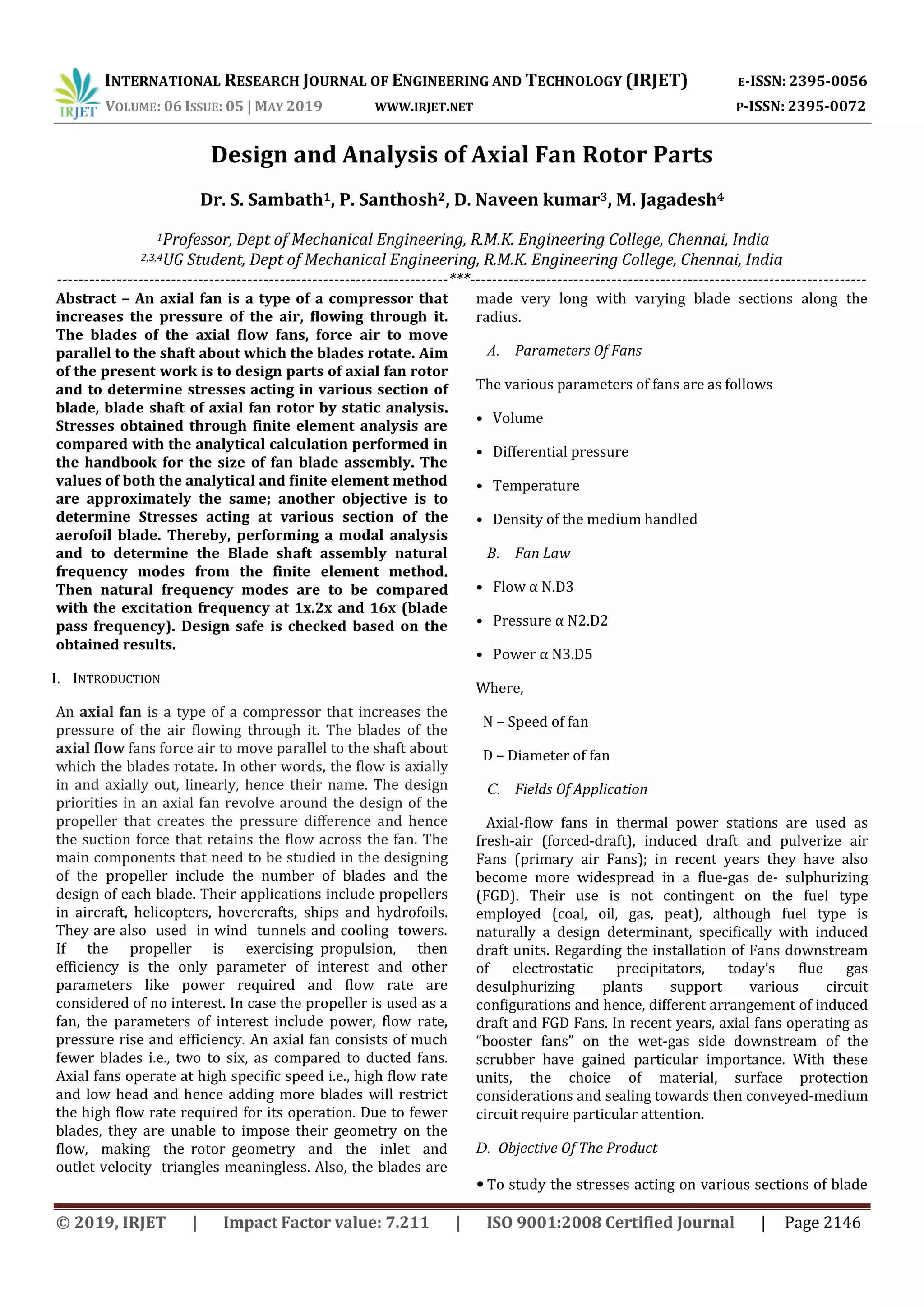 IRJET- Design and Analysis of Axial Fan Rotor Parts | PDF
