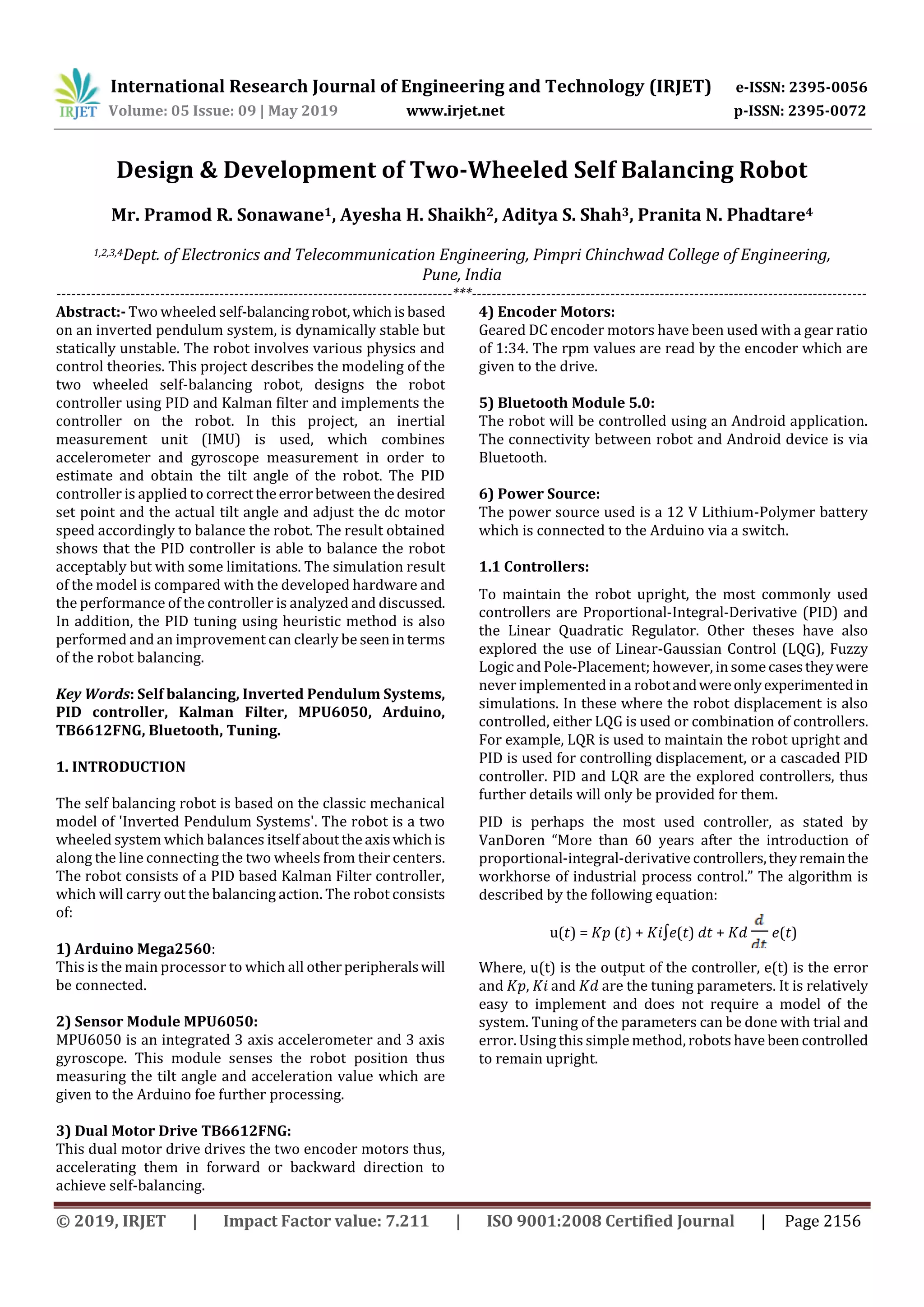 IRJET- Design & Development of Two-Wheeled Self Balancing Robot | PDF
