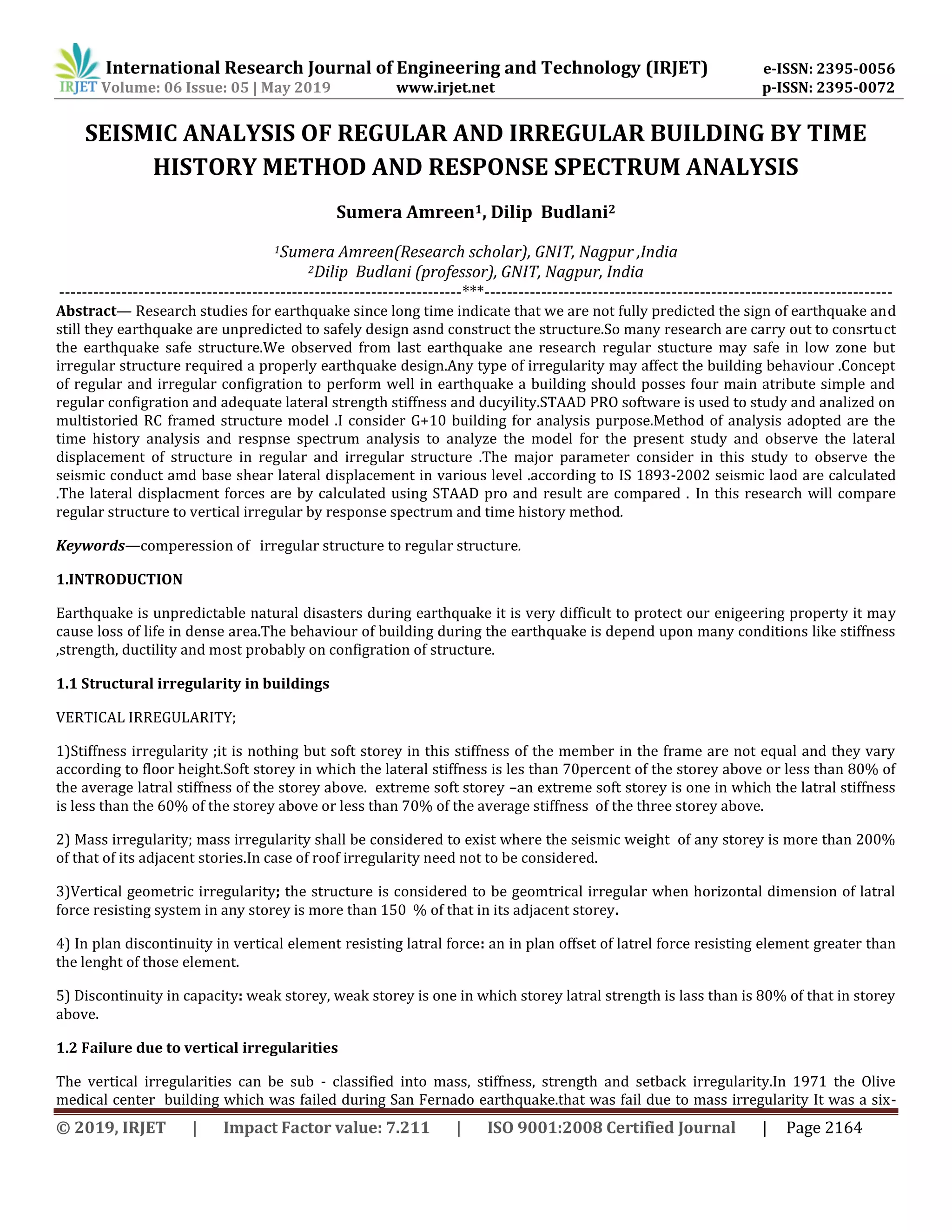 IRJET- Seismic Analysis of Regular and Irregular Building by Time History Method and Response ...