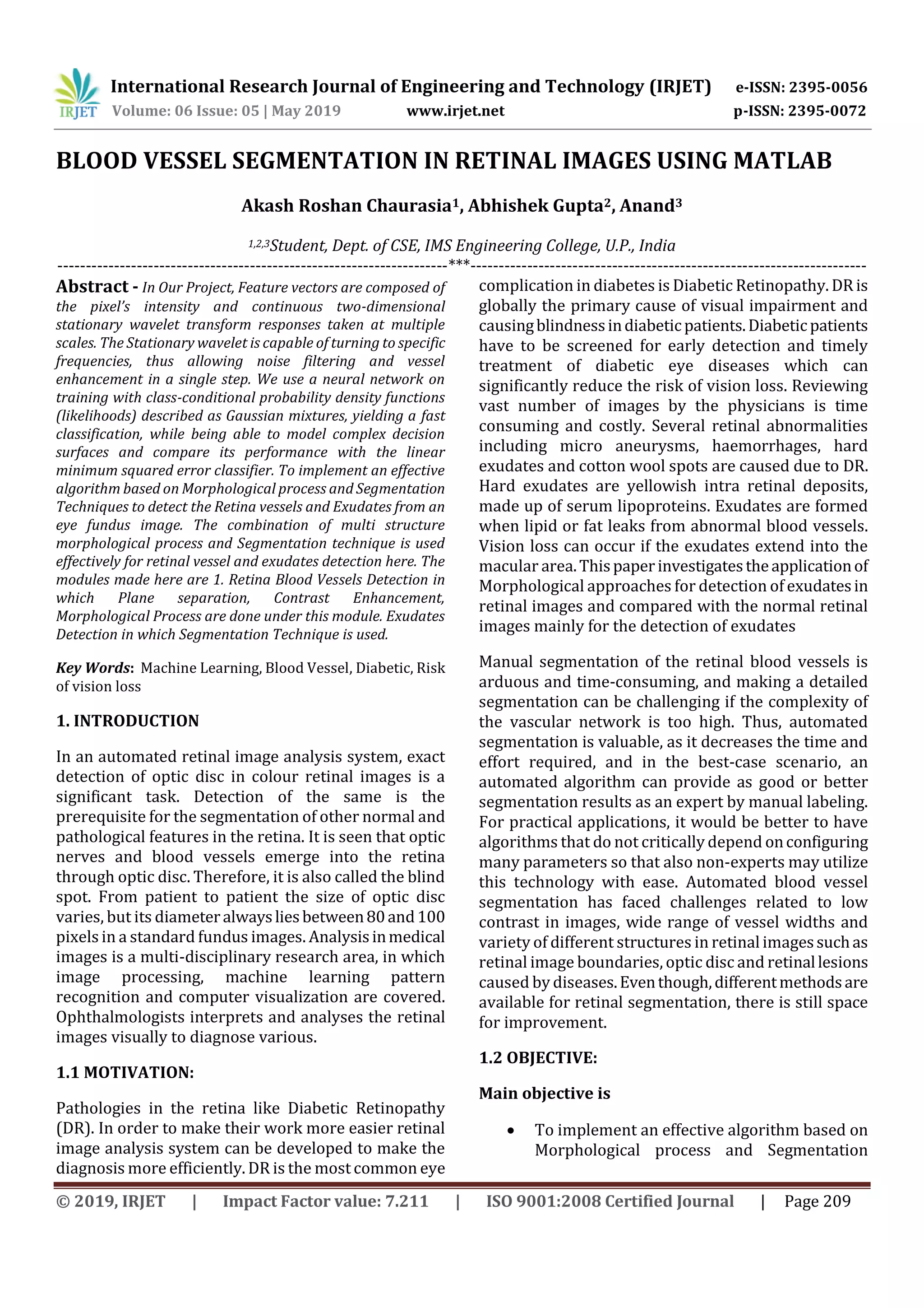 IRJET- Blood Vessel Segmentation in Retinal Images using Matlab | PDF