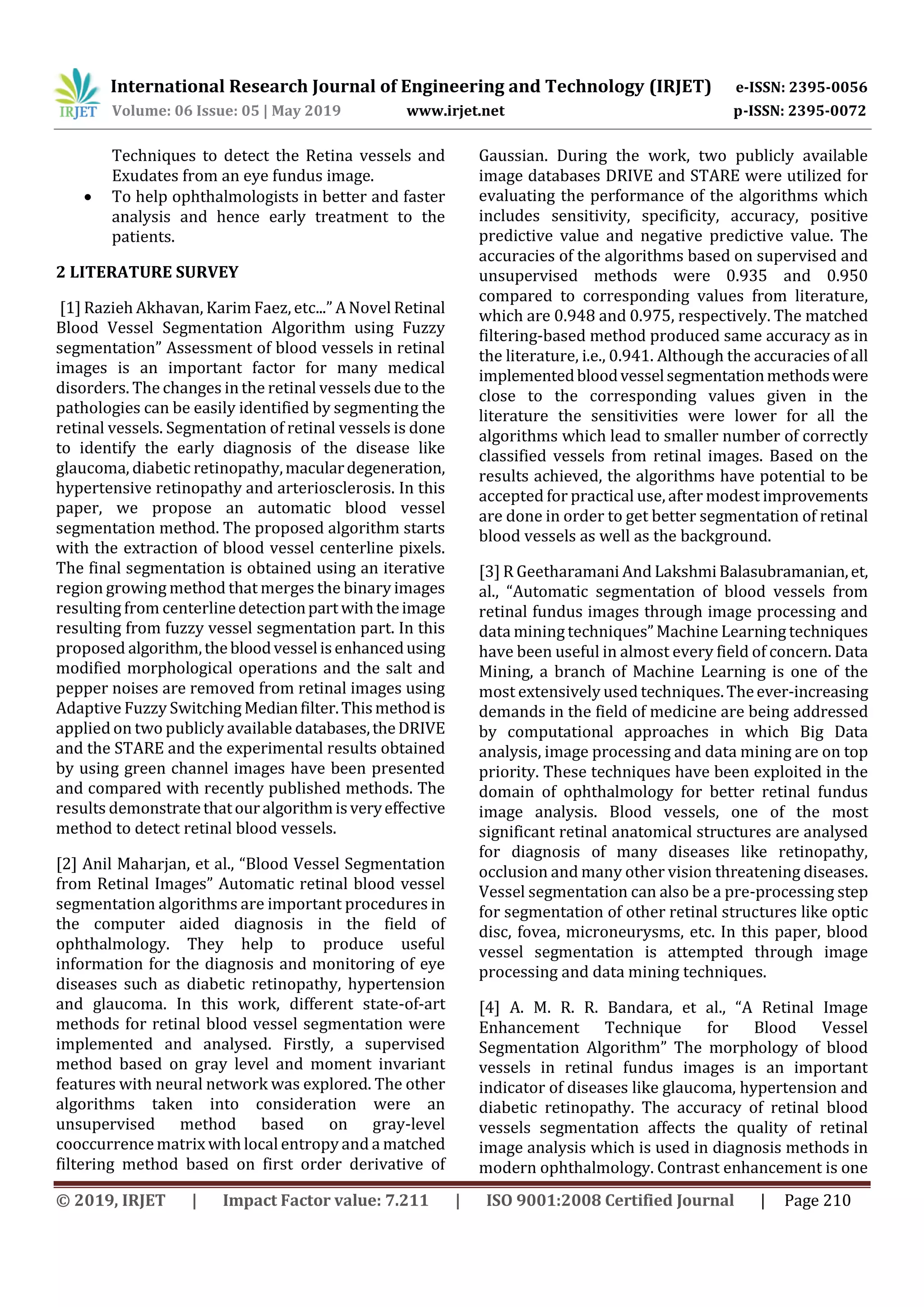 IRJET- Blood Vessel Segmentation in Retinal Images using Matlab | PDF