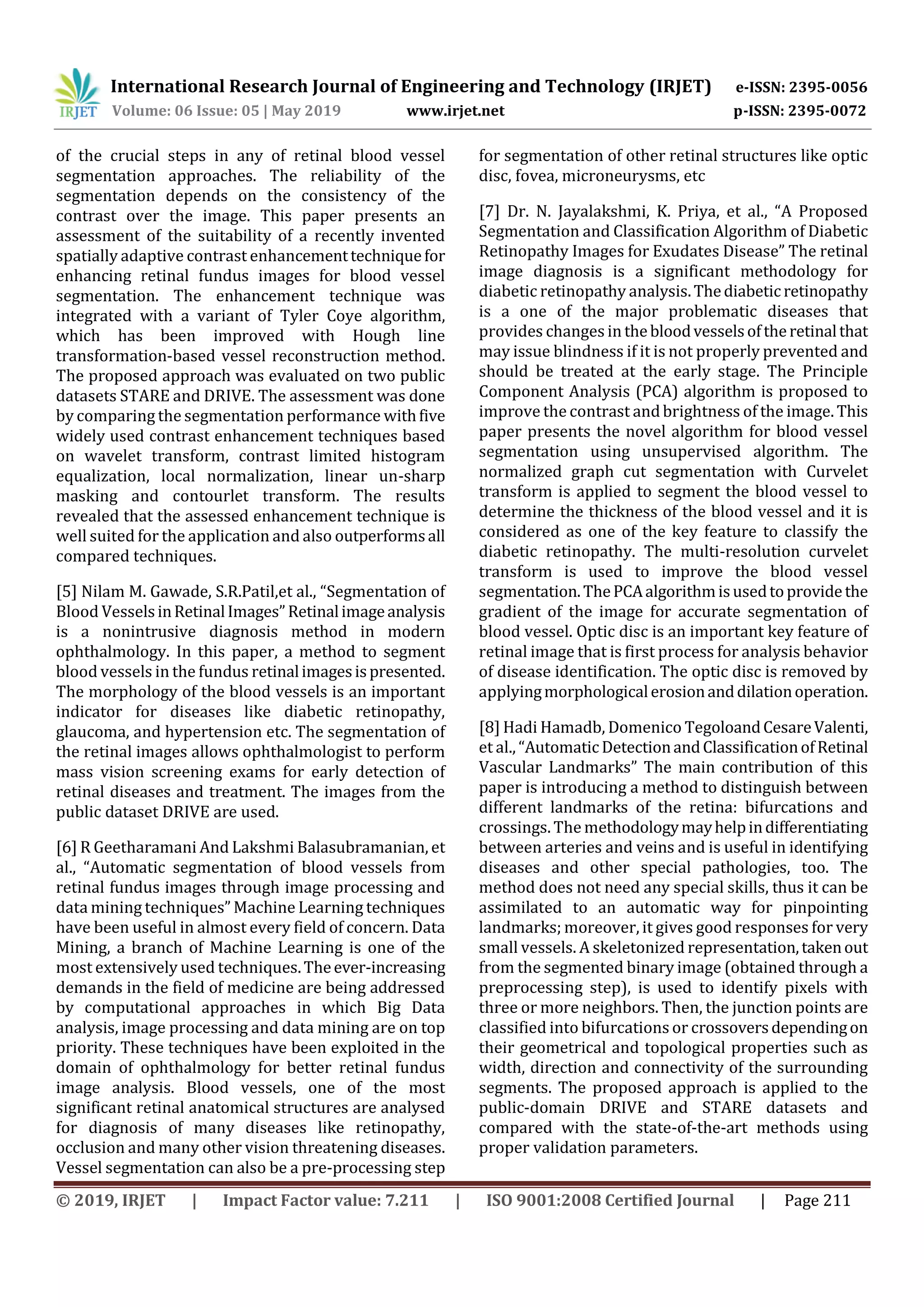 IRJET- Blood Vessel Segmentation in Retinal Images using Matlab | PDF