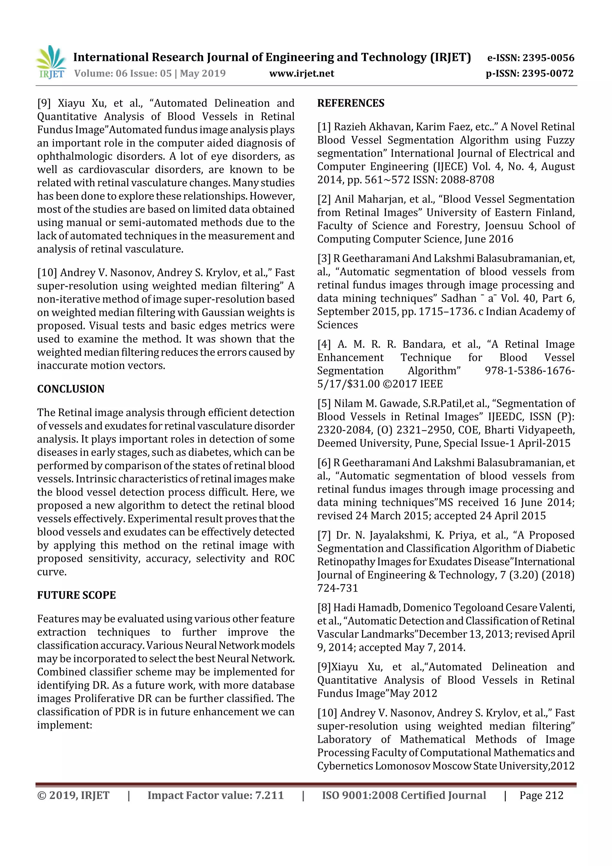 IRJET- Blood Vessel Segmentation in Retinal Images using Matlab | PDF