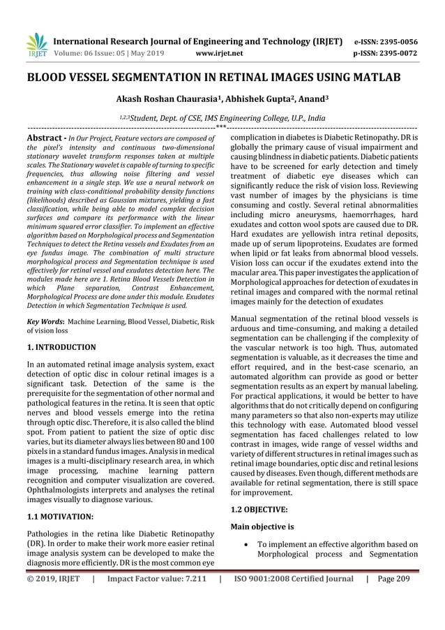 IRJET- Blood Vessel Segmentation in Retinal Images using Matlab | PDF