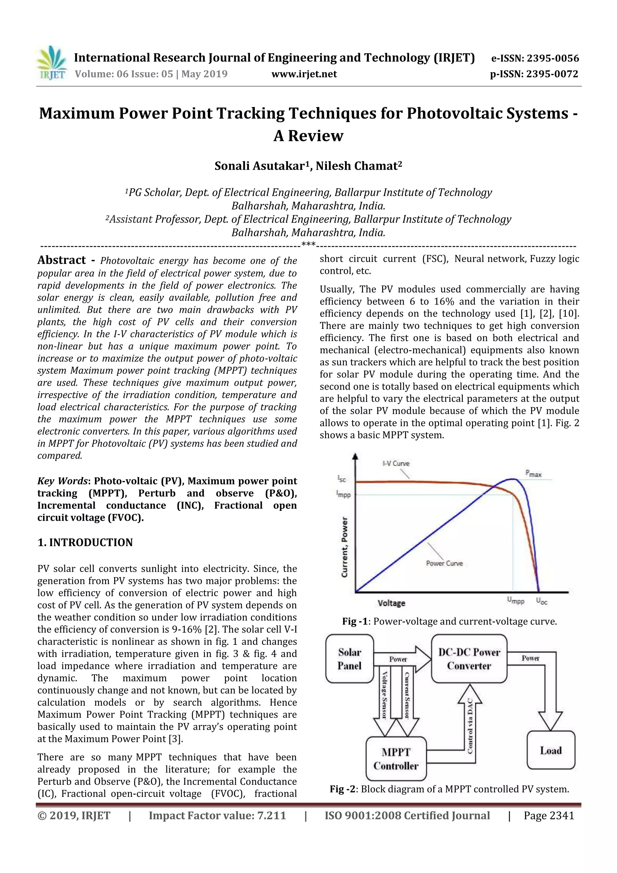 IRJET-Maximum Power Point Tracking Techniques for Photovoltaic Systems ...