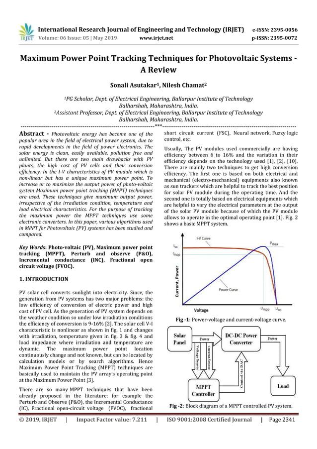IRJET-Maximum Power Point Tracking Techniques for Photovoltaic Systems - A Review | PDF