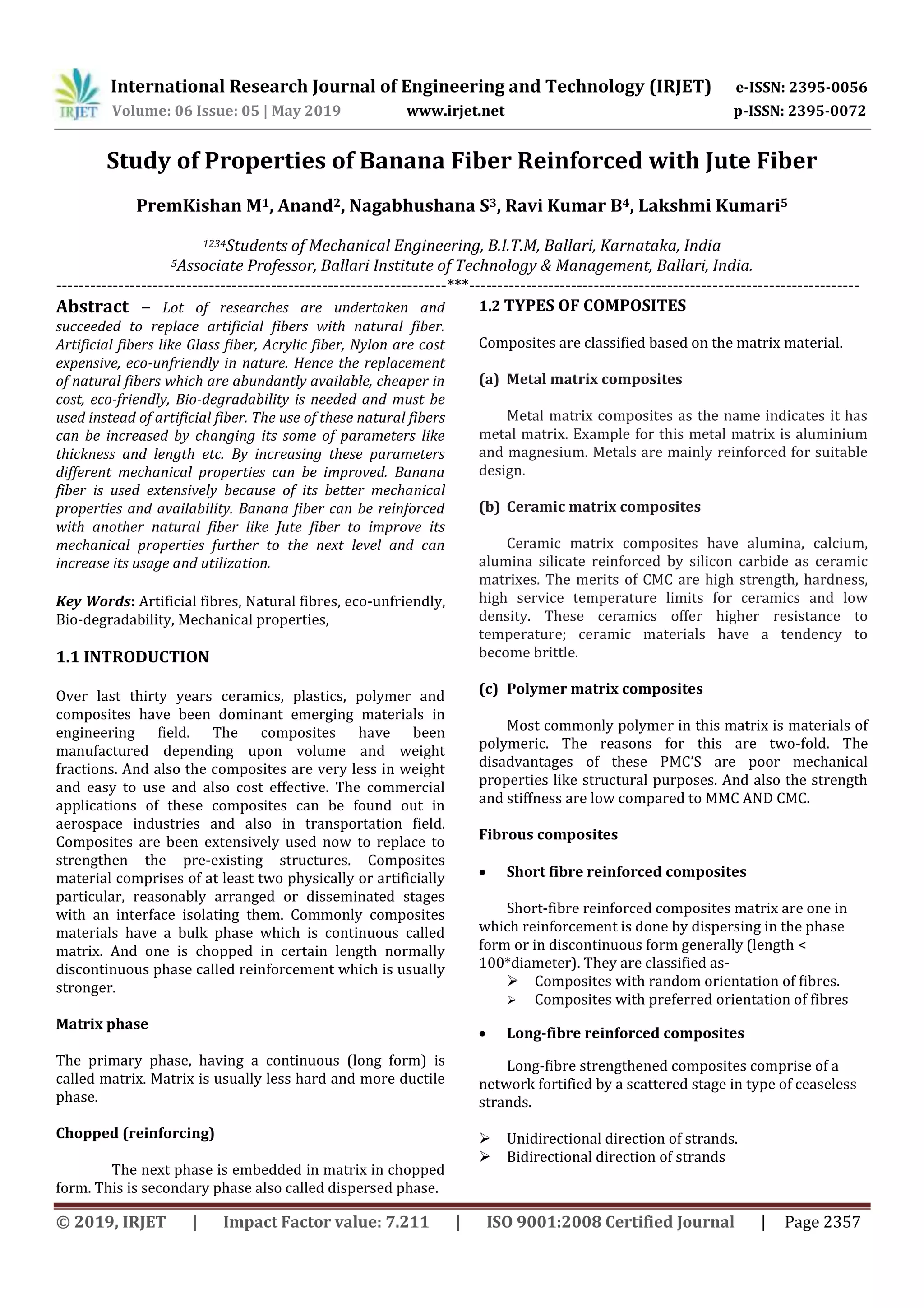 IRJET-Study of Properties of Banana Fiber Reinforced with Jute Fiber | PDF