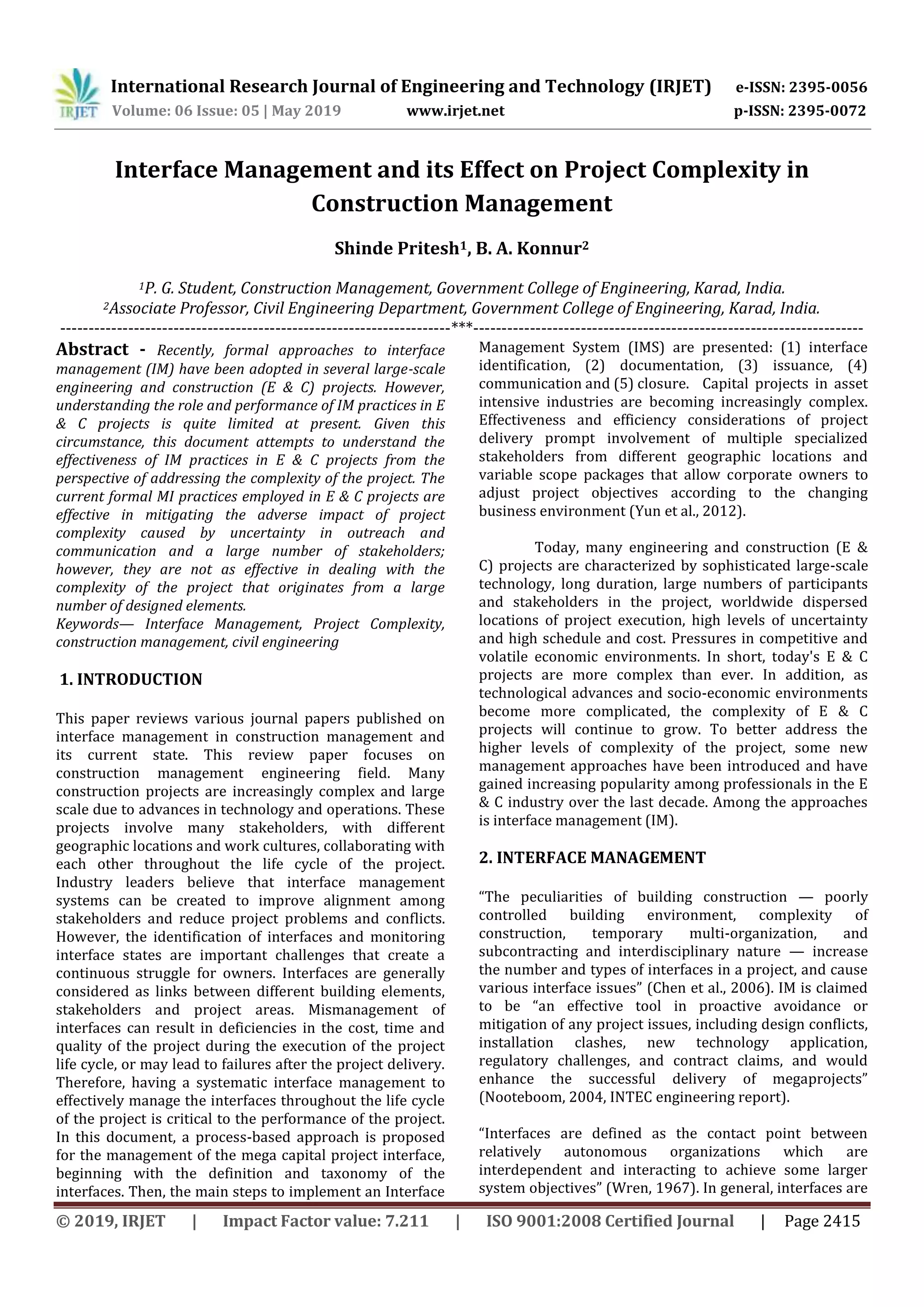 IRJET- Interface Management and its Effect on Project Complexity in Construction Management | PDF