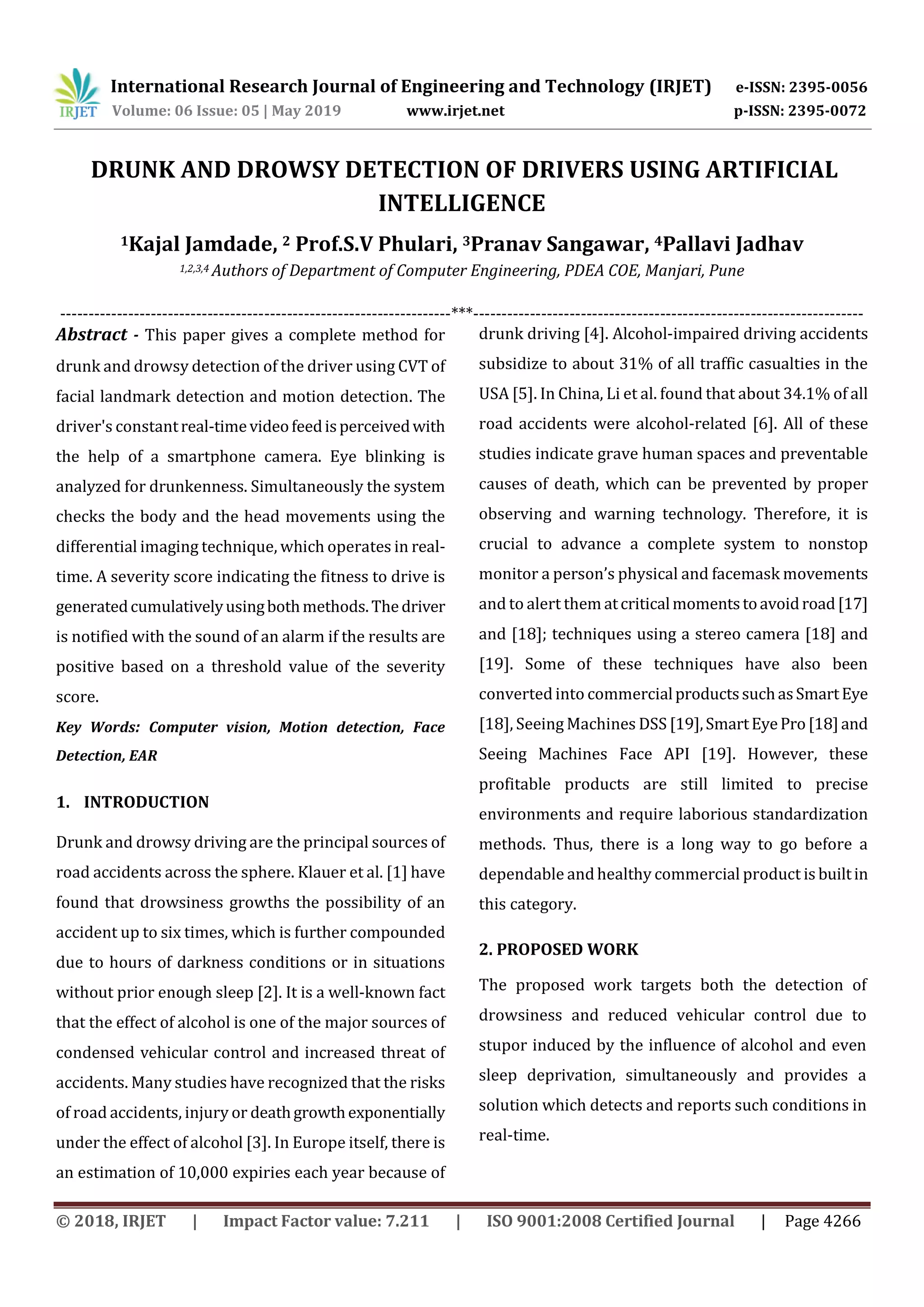 IRJET-Drunk and Drowsy Detection of Drivers using Artificial ...