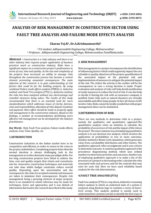 IRJET- Analysis of Risk Management in Construction Sector using Fault Tree Analysis and Failure ...