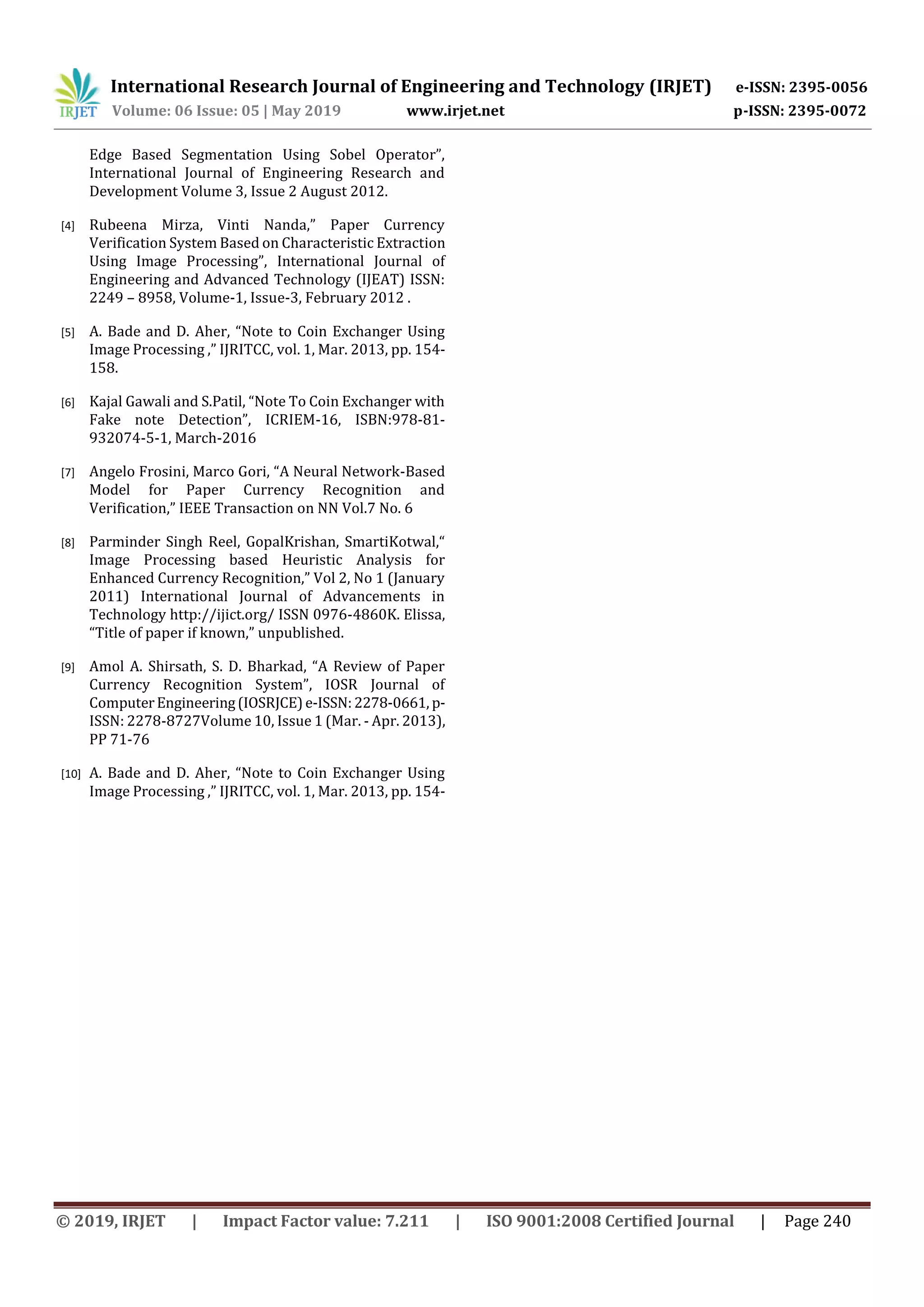 IRJET- Currency Note Detection and Note to Coin Converter using Digital Image Processing | PDF ...
