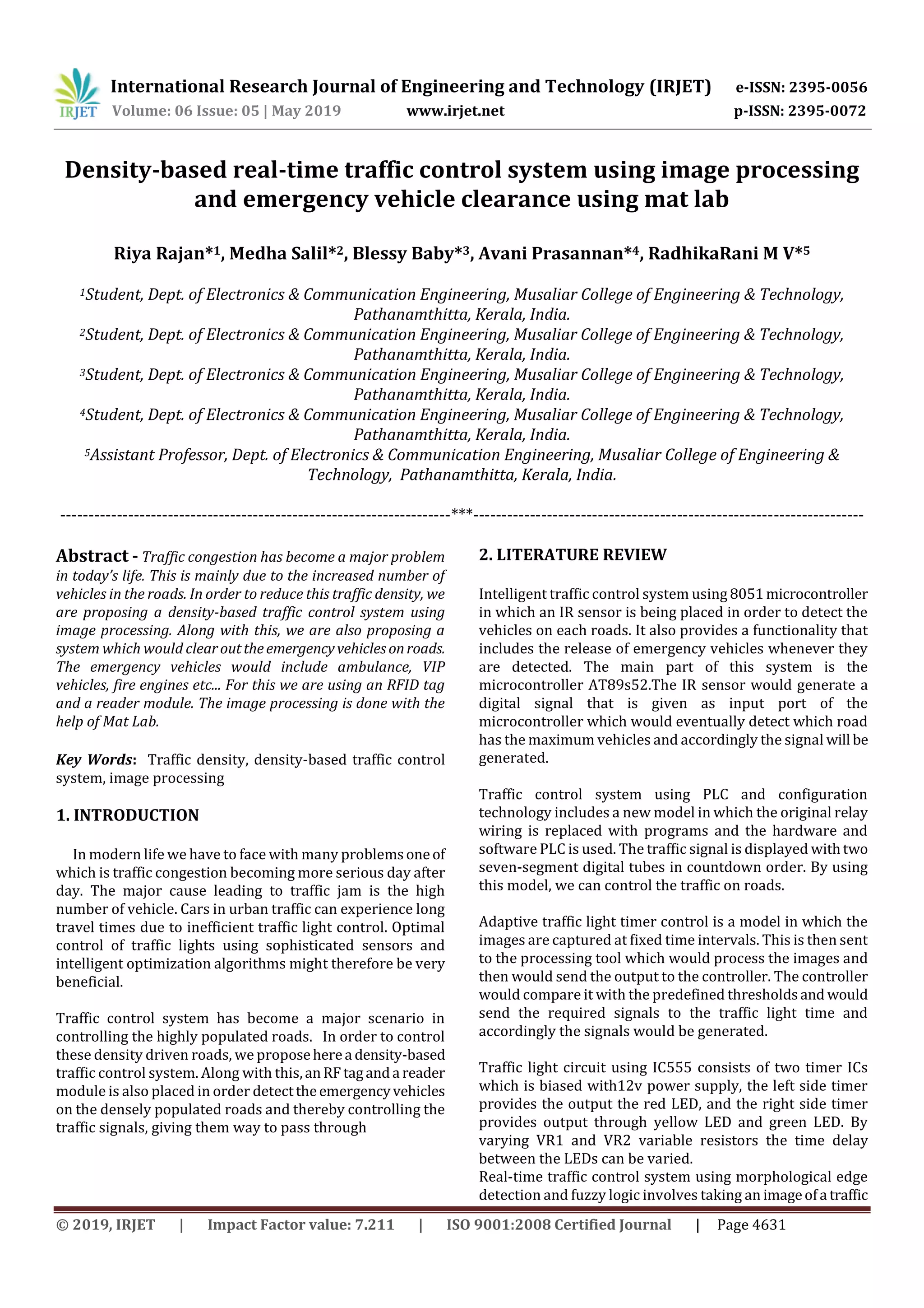 IRJET- Density-Based Real-Time Traffic Control System using Image Processing and Emergency ...