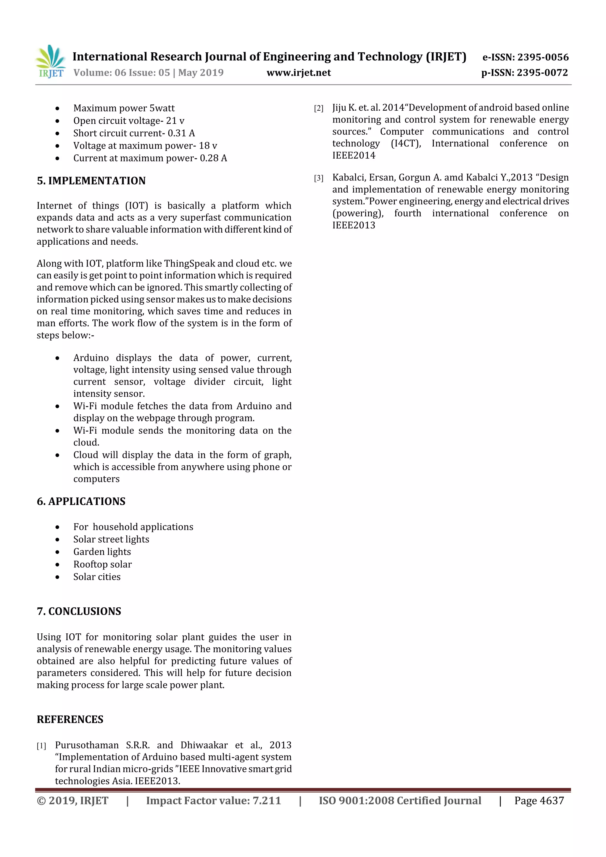 IRJET- Monitoring and Measurement of Solar Parameters using IoT | PDF