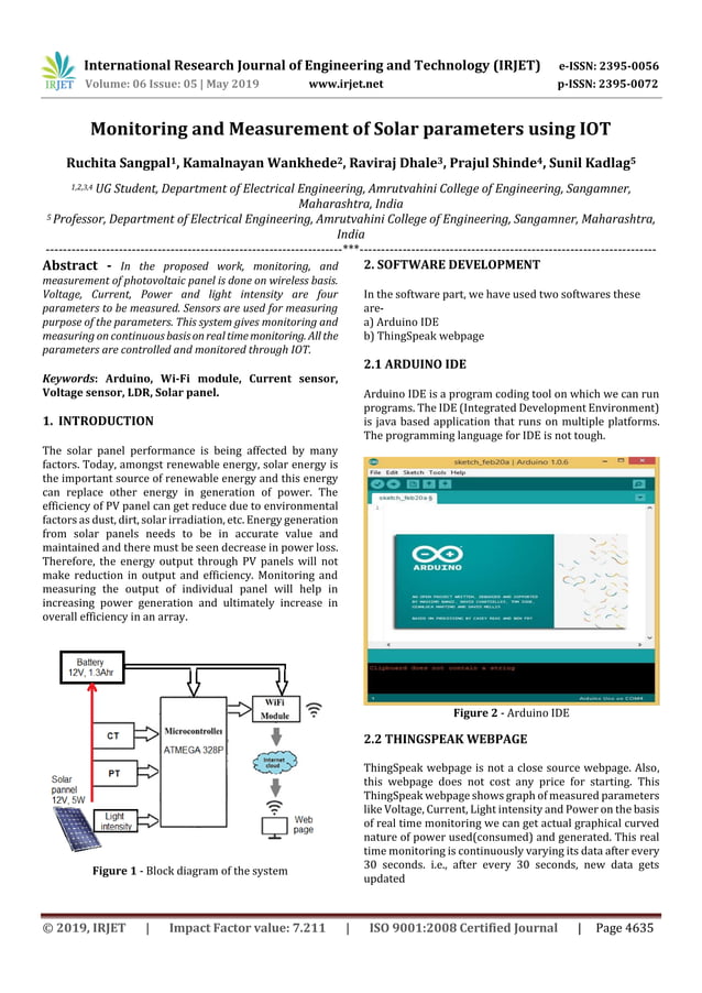 IRJET- Monitoring and Measurement of Solar Parameters using IoT | PDF