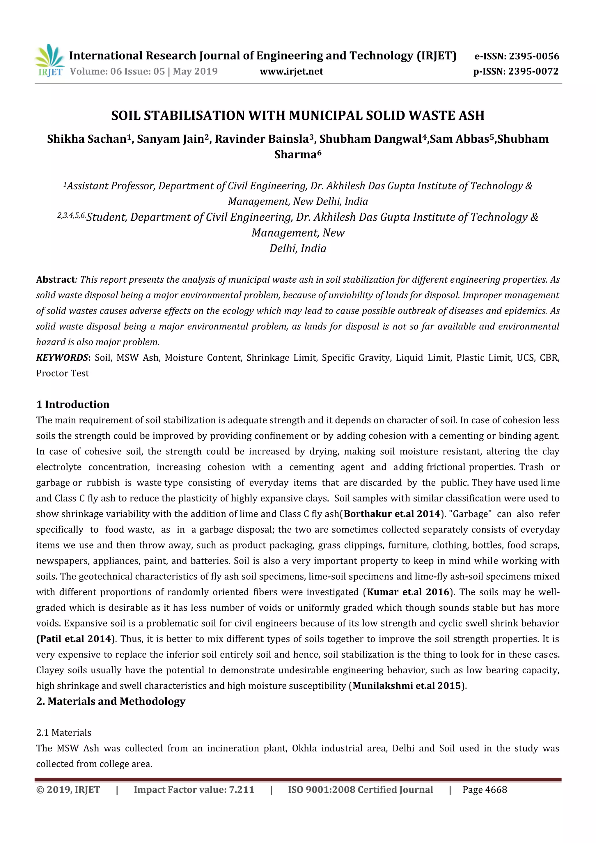 IRJET- Soil Stabilisation with Municipal Solid Waste Ash | PDF