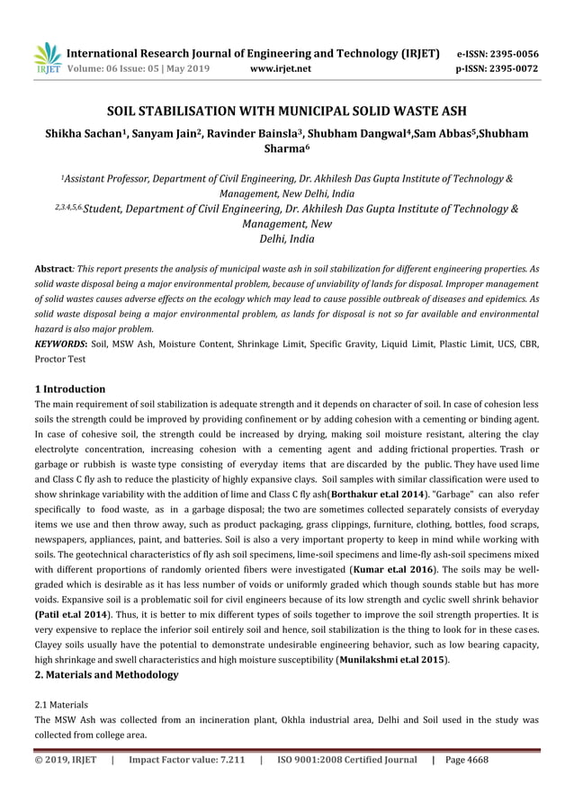 IRJET- Soil Stabilisation with Municipal Solid Waste Ash | PDF | Civil ...