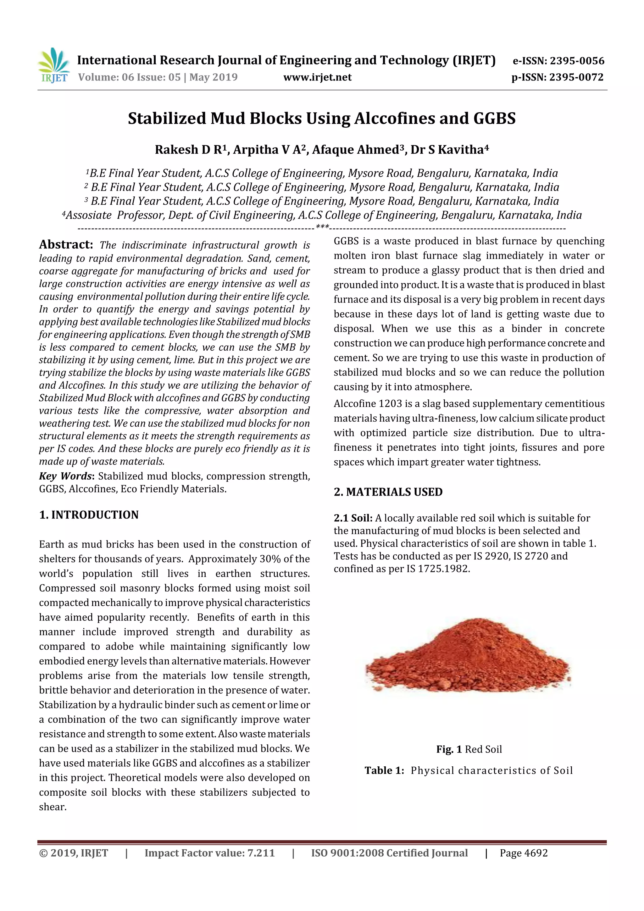 IRJET- Stabilized Mud Blocks using Alccofines and GGBS | PDF