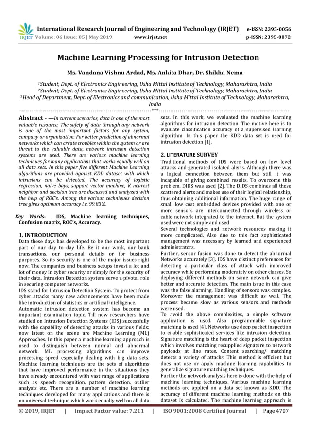 IRJET- Machine Learning Processing for Intrusion Detection | PDF | Internet | Computing