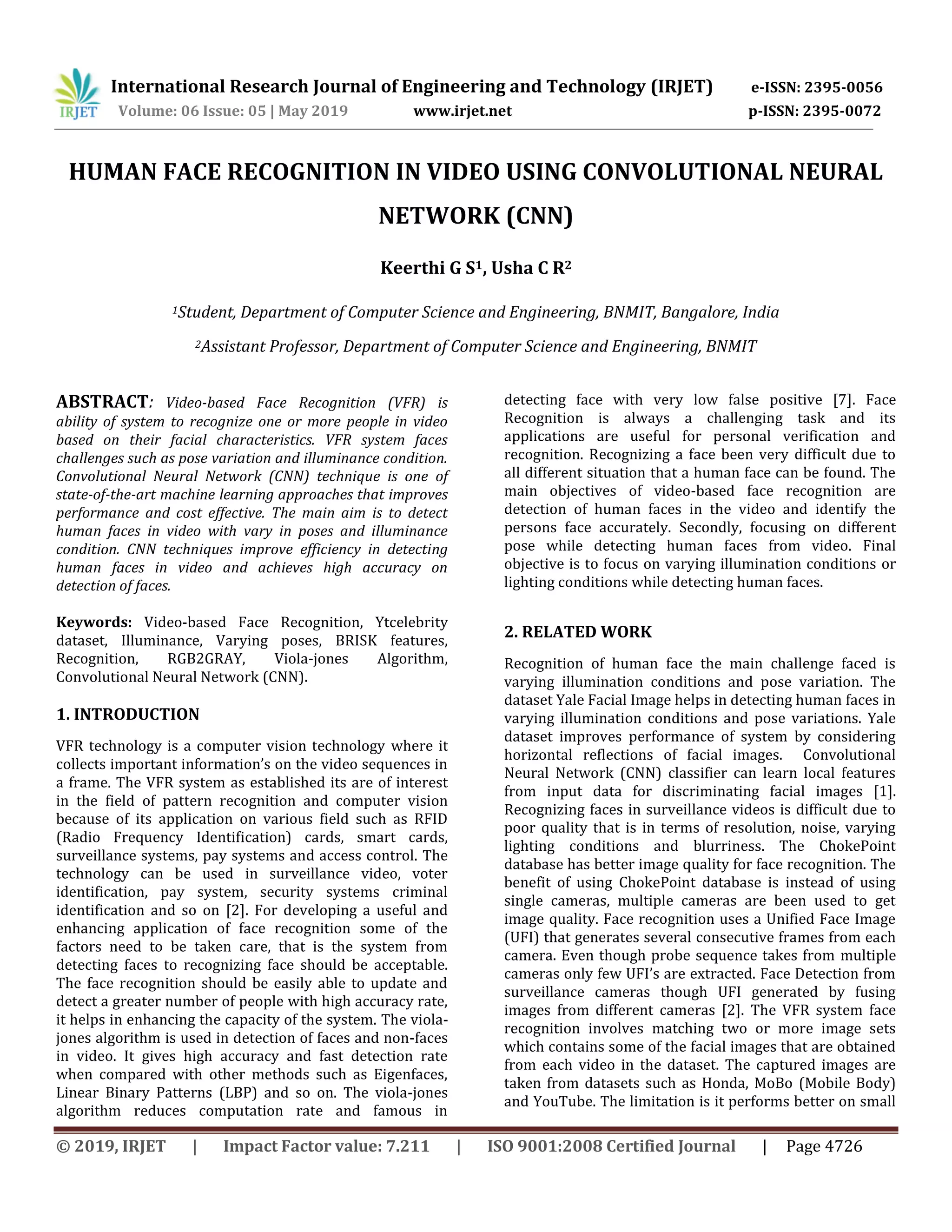 Irjet Human Face Recognition In Video Using Convolutional Neural