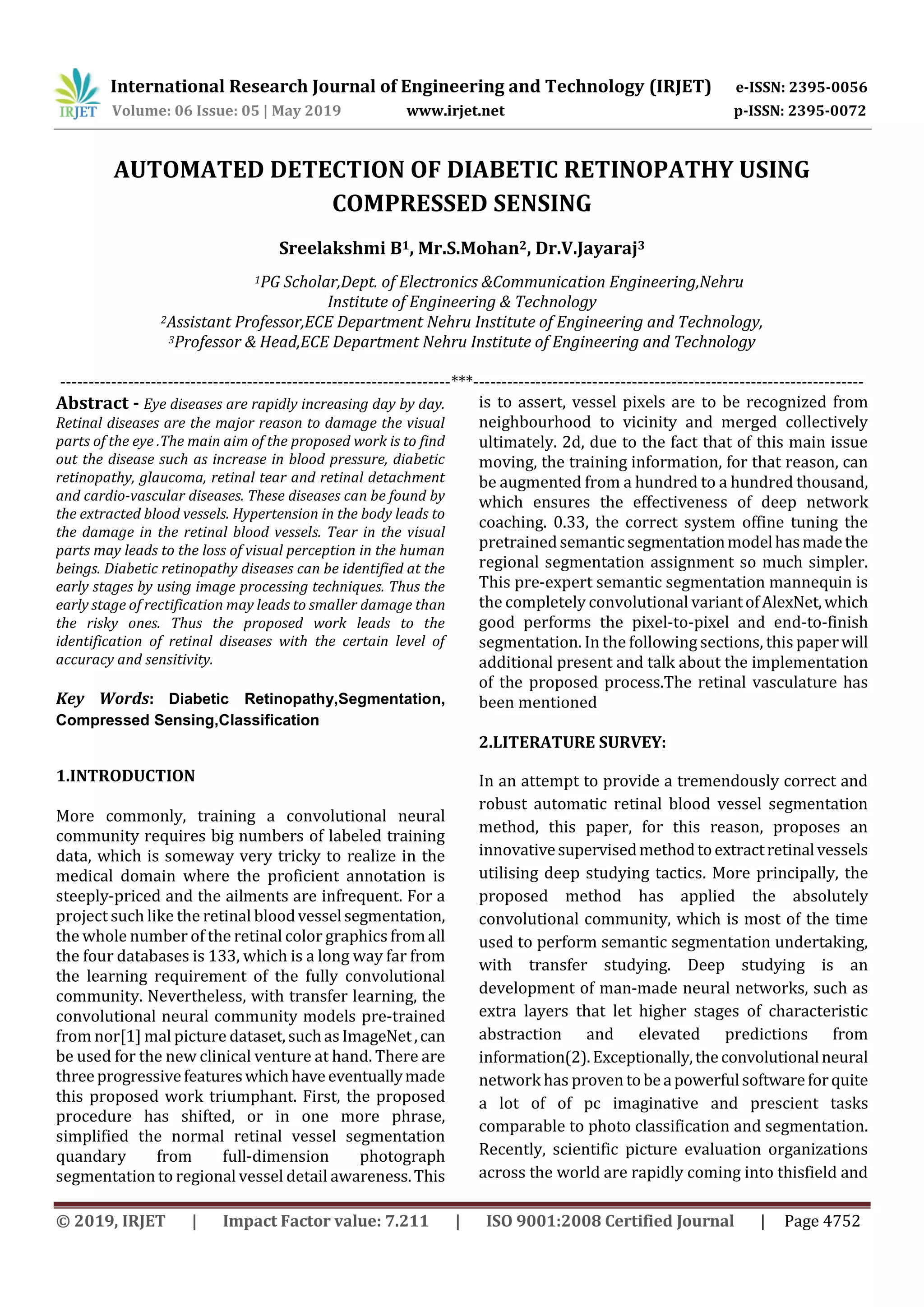 IRJET- Automated Detection of Diabetic Retinopathy using Compressed Sensing | PDF