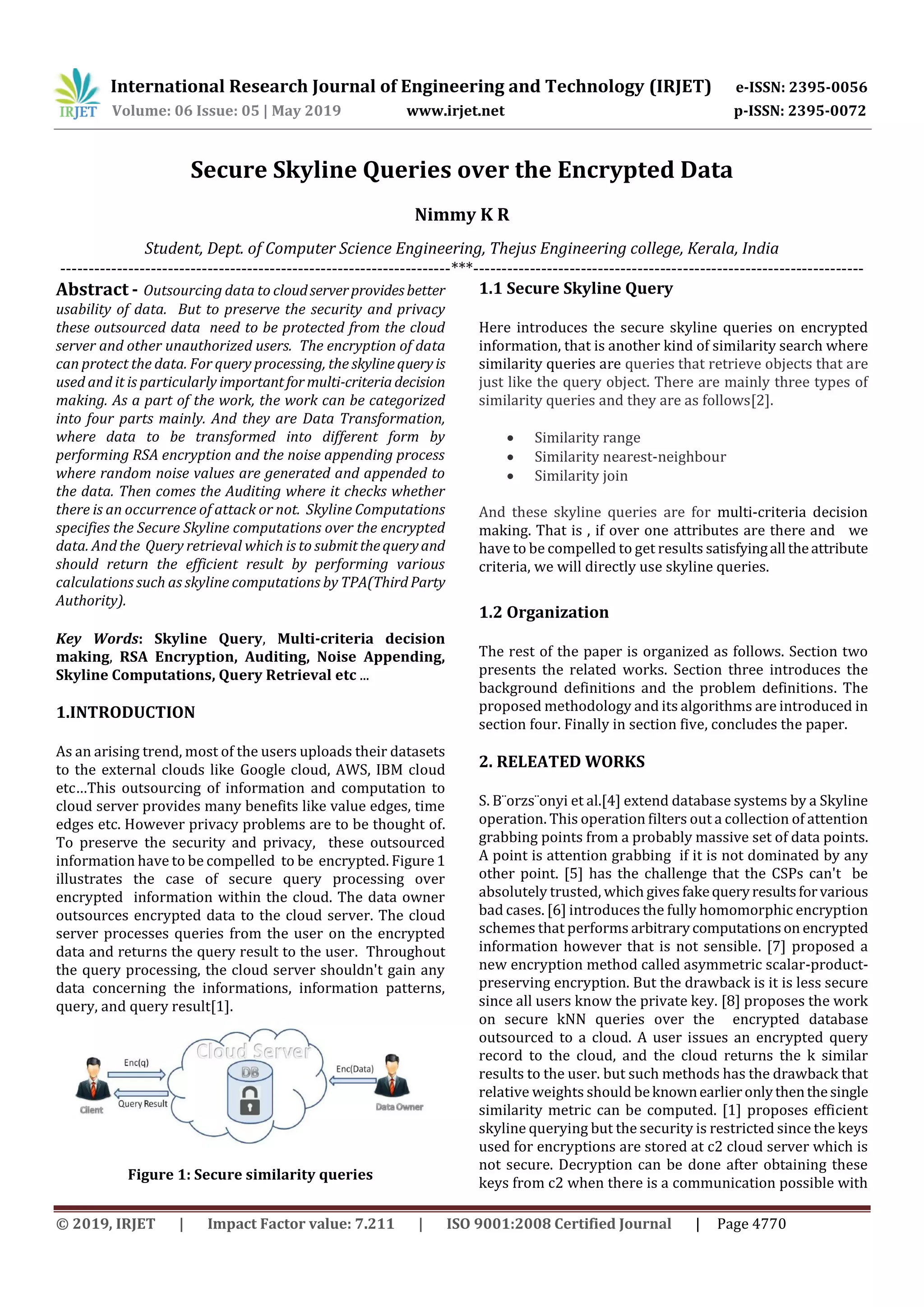 IRJET- Secure Skyline Queries over the Encrypted Data | PDF