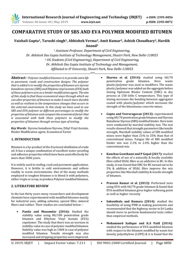 IRJET- Comparative Study of SBS and EVA Polymer Modified Bitumen | PDF