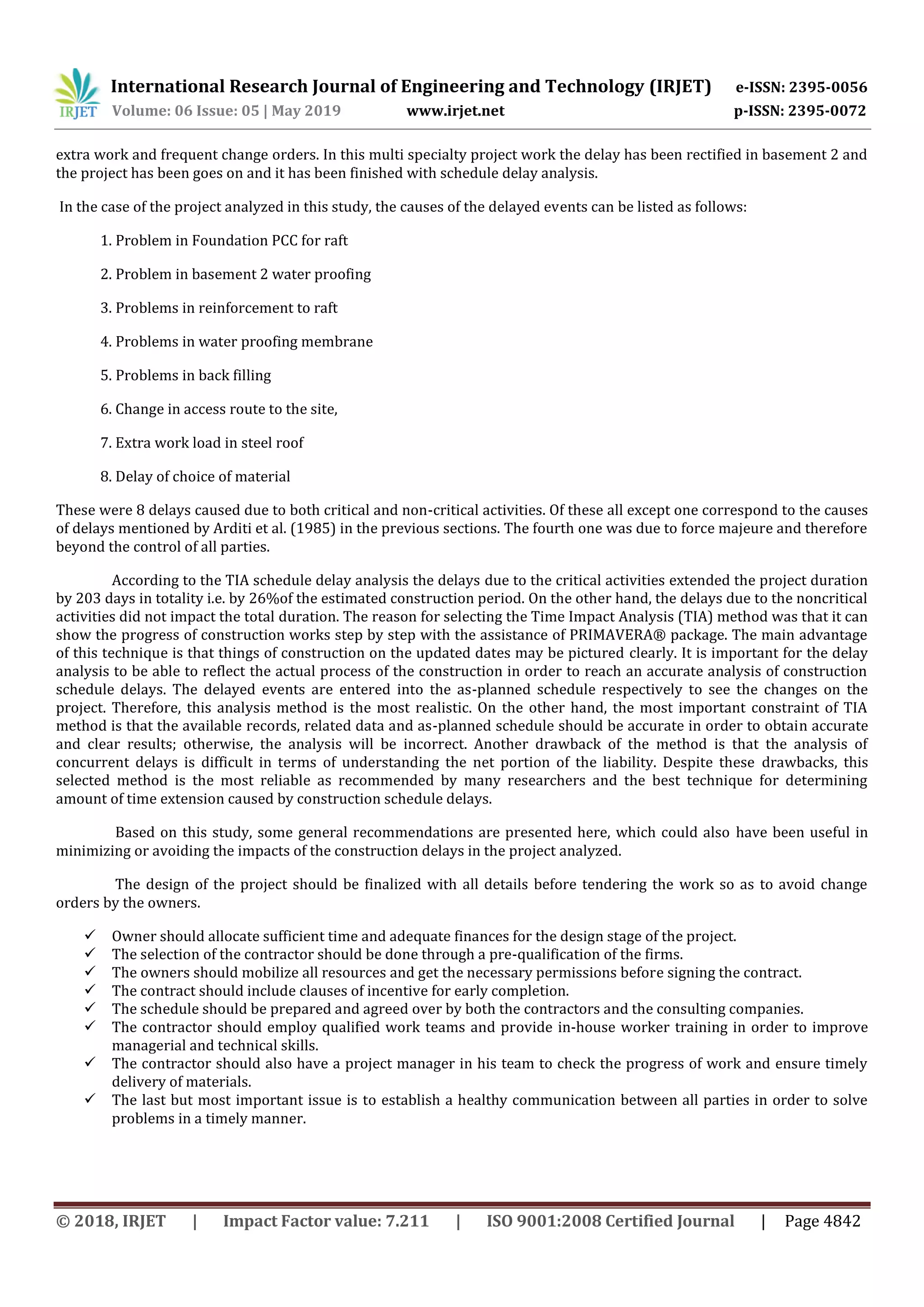 IRJET- Schedule Delay Analysis in Construction Management using Primavera P6 | PDF