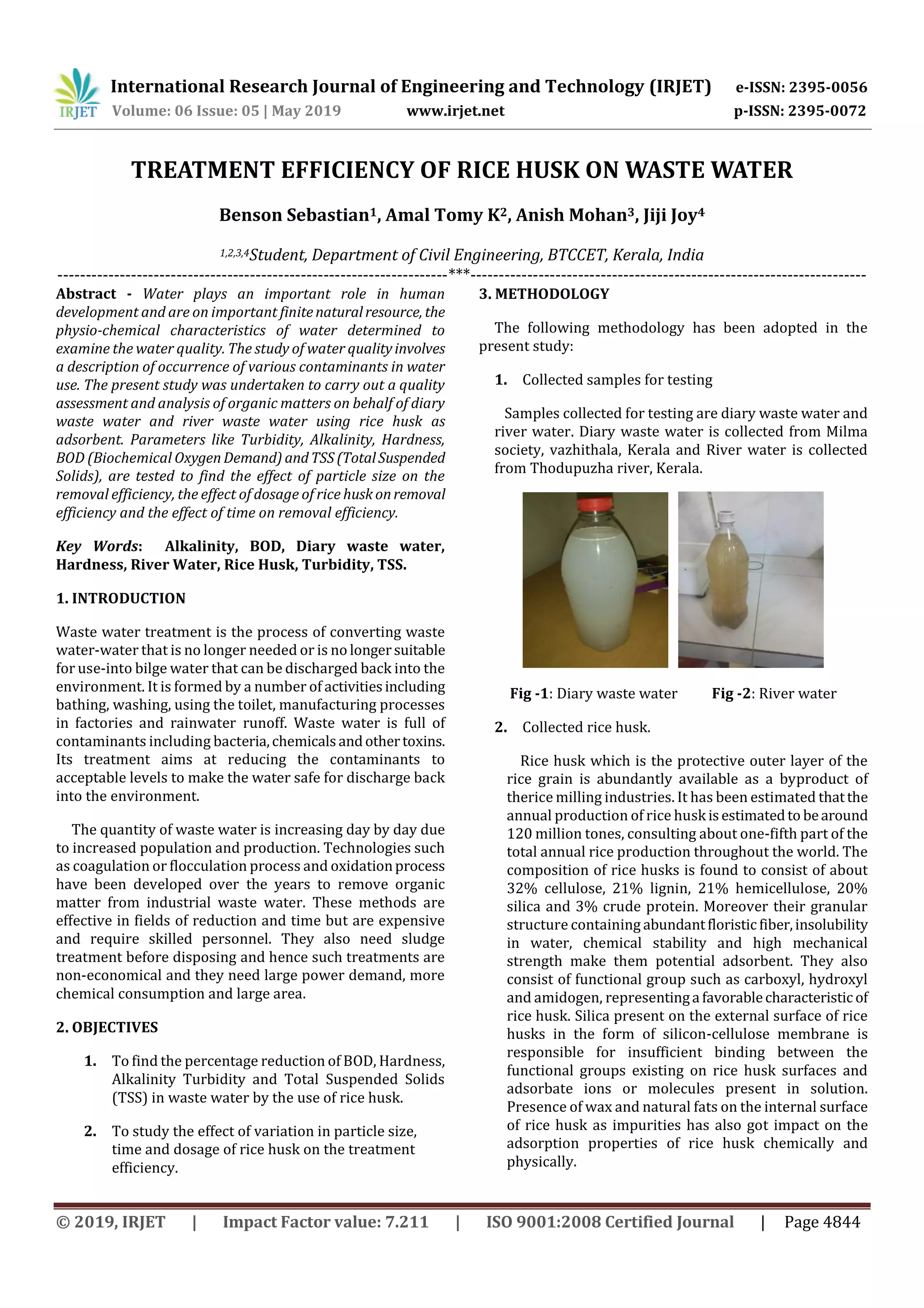 IRJET- Treatment Efficiency of Rice Husk on Waste Water | PDF