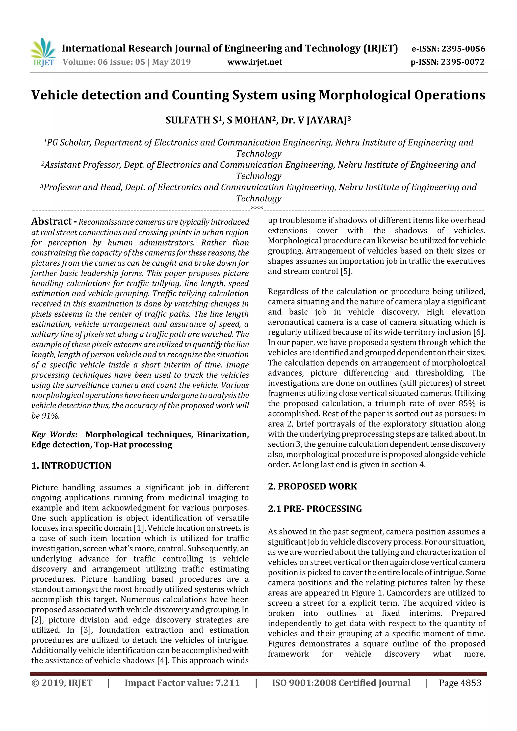 IRJET- Vehicle Detection and Counting System using Morphological Operations | PDF