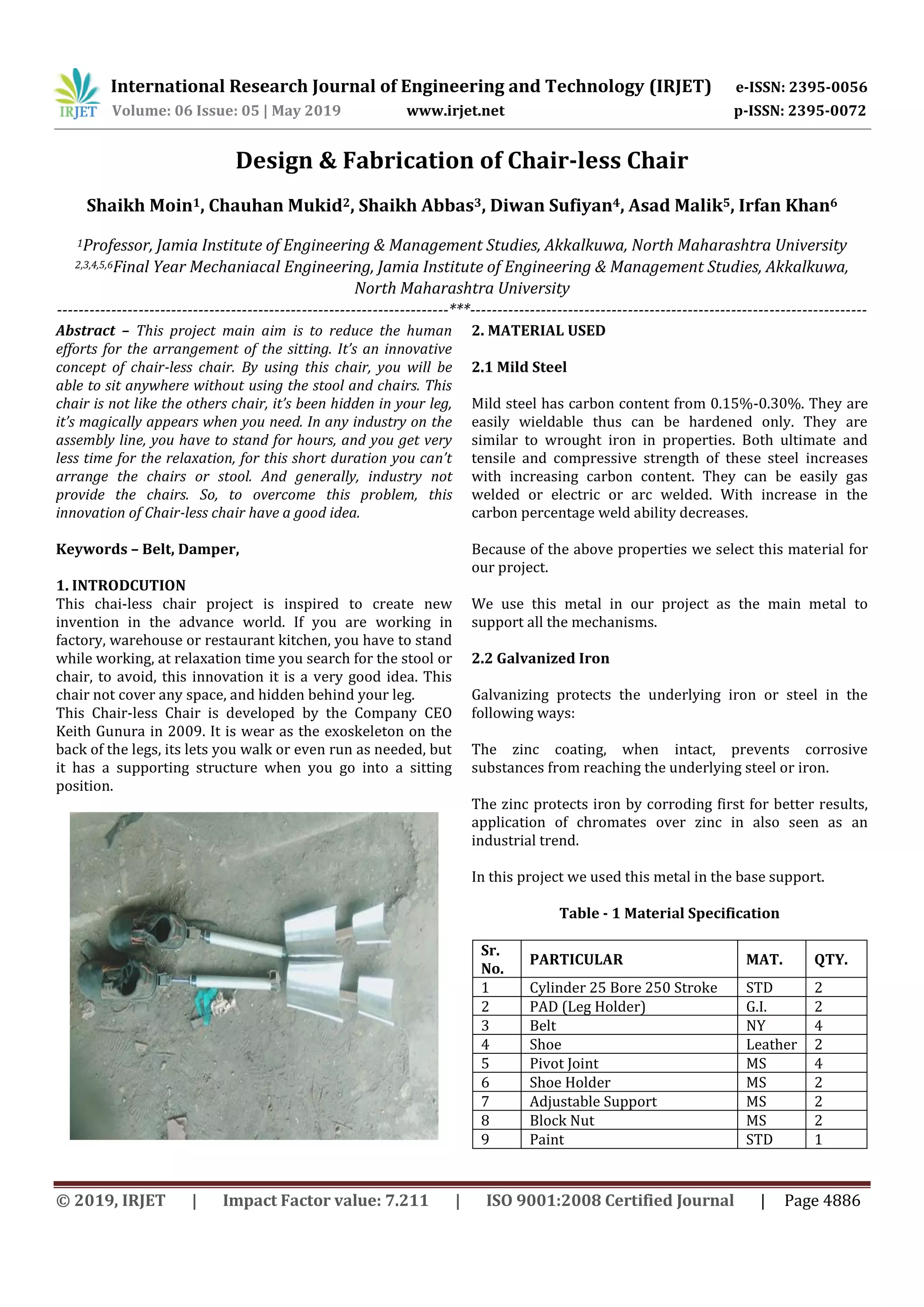 IRJET- Design & Fabrication of Chair-Less Chair | PDF