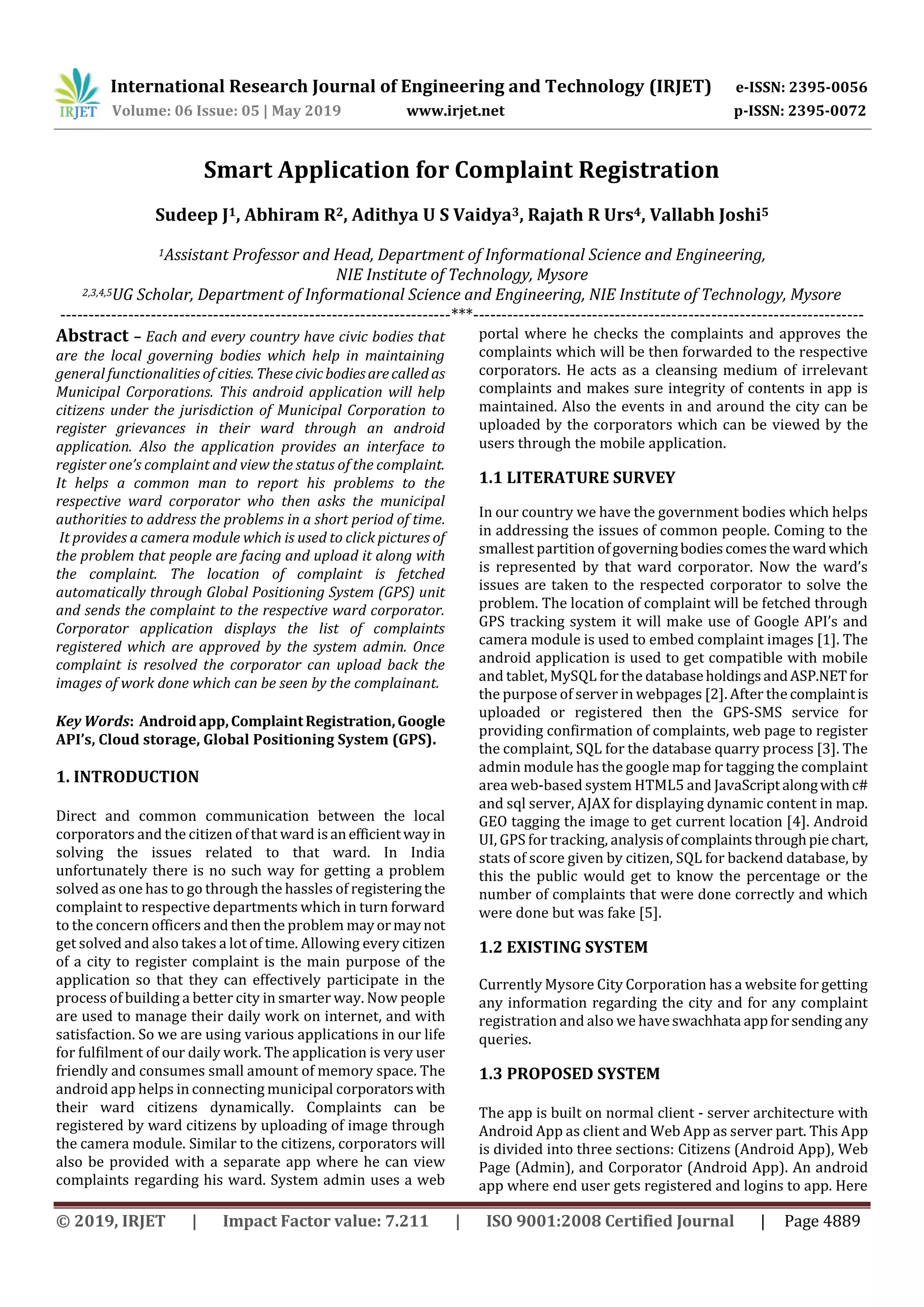 IRJET- Smart Application for Complaint Registration | PDF