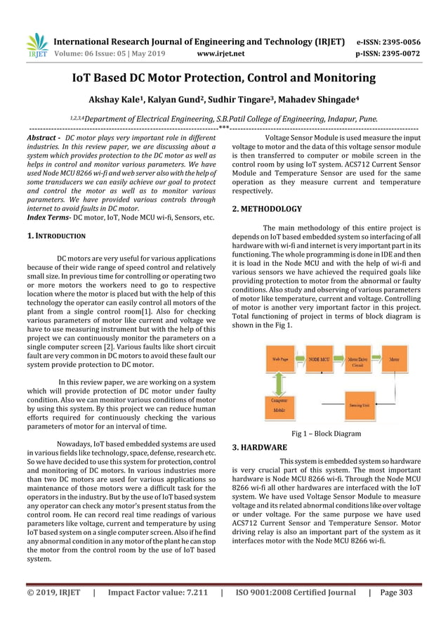 IRJET- IoT based DC Motor Protection, Control and Monitoring | PDF