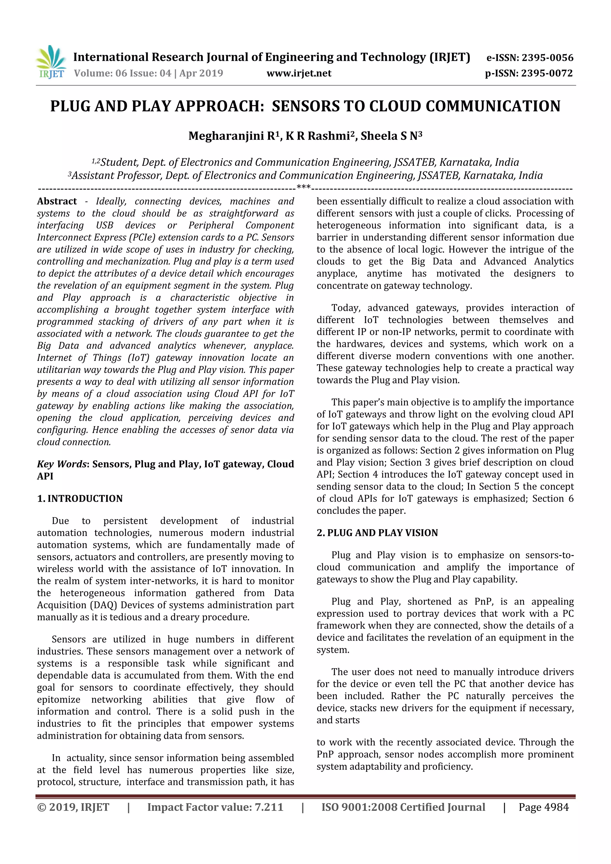 IRJET- Plug and Play Approach: Sensors to Cloud Communication | PDF